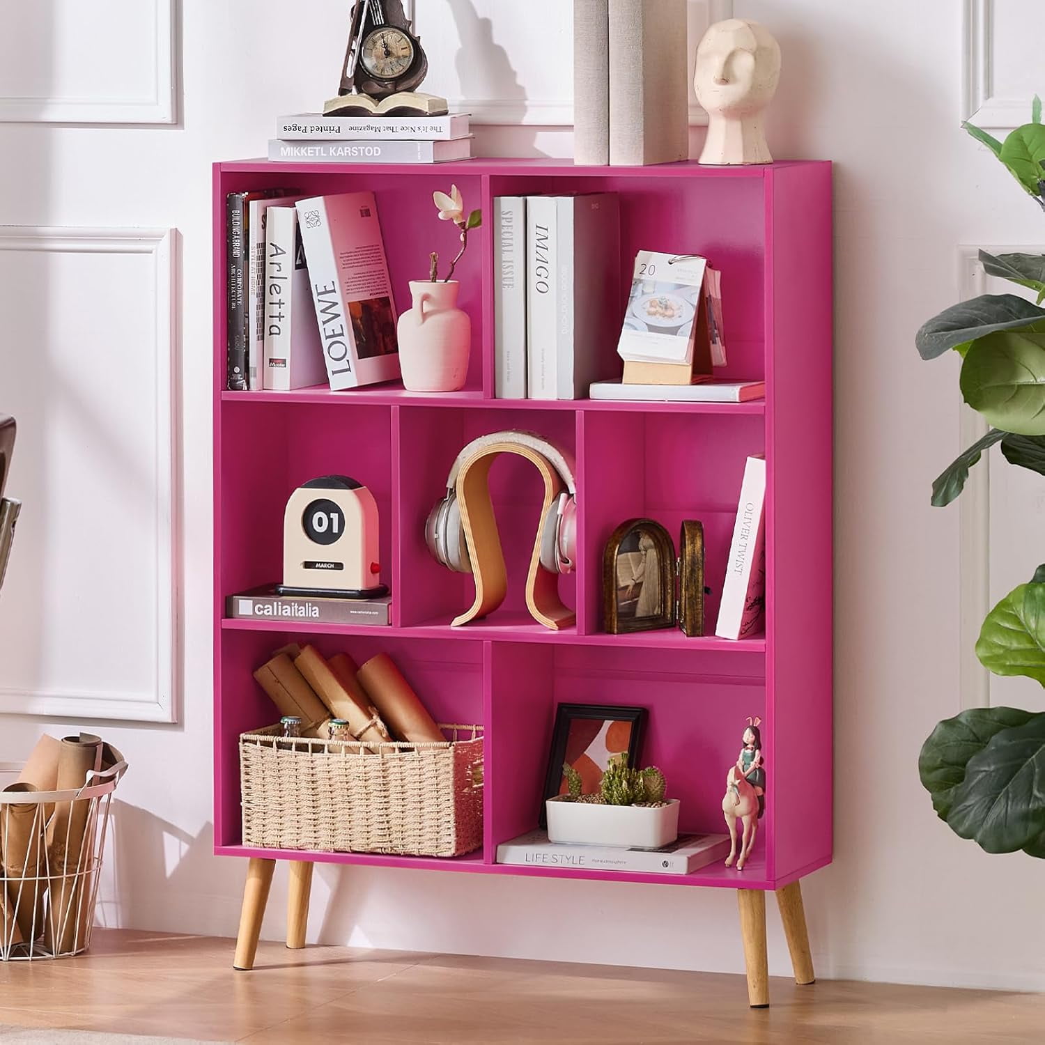 7 Cube Bookshelf,3 Tier Book Shelf with Legs,Pink Modern Bookshelf ...