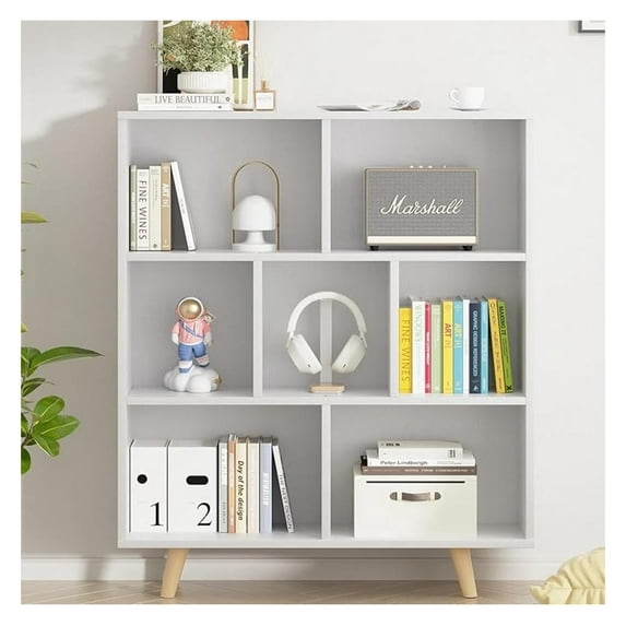 7 Cube Bookshelf, 3 Tier -Century Modern Bookcase with Legs, Wooden ...