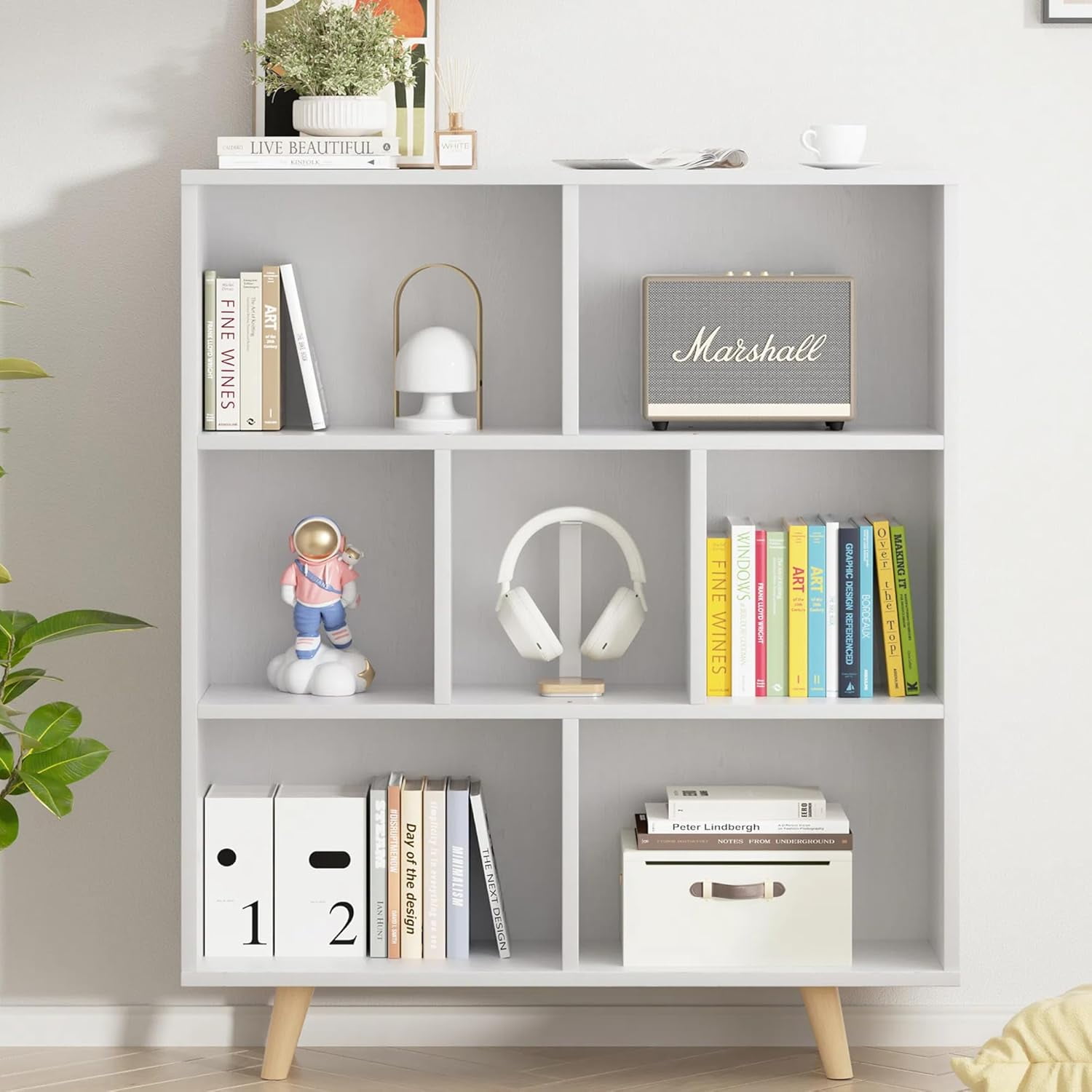 7 Cube Bookshelf, 3 Tier Mid-Century Modern Bookcase with Legs, Wooden ...