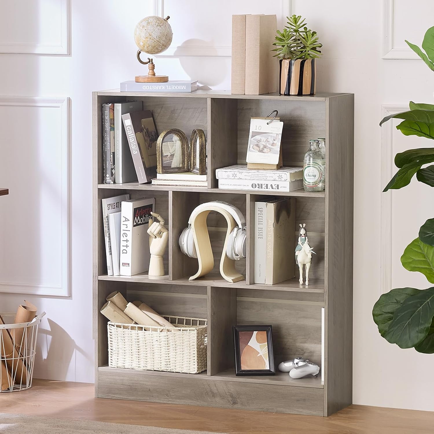 7 Cube Bookshelf with Base,3 Tier Mid-Century Modern Grey Bookcase ...