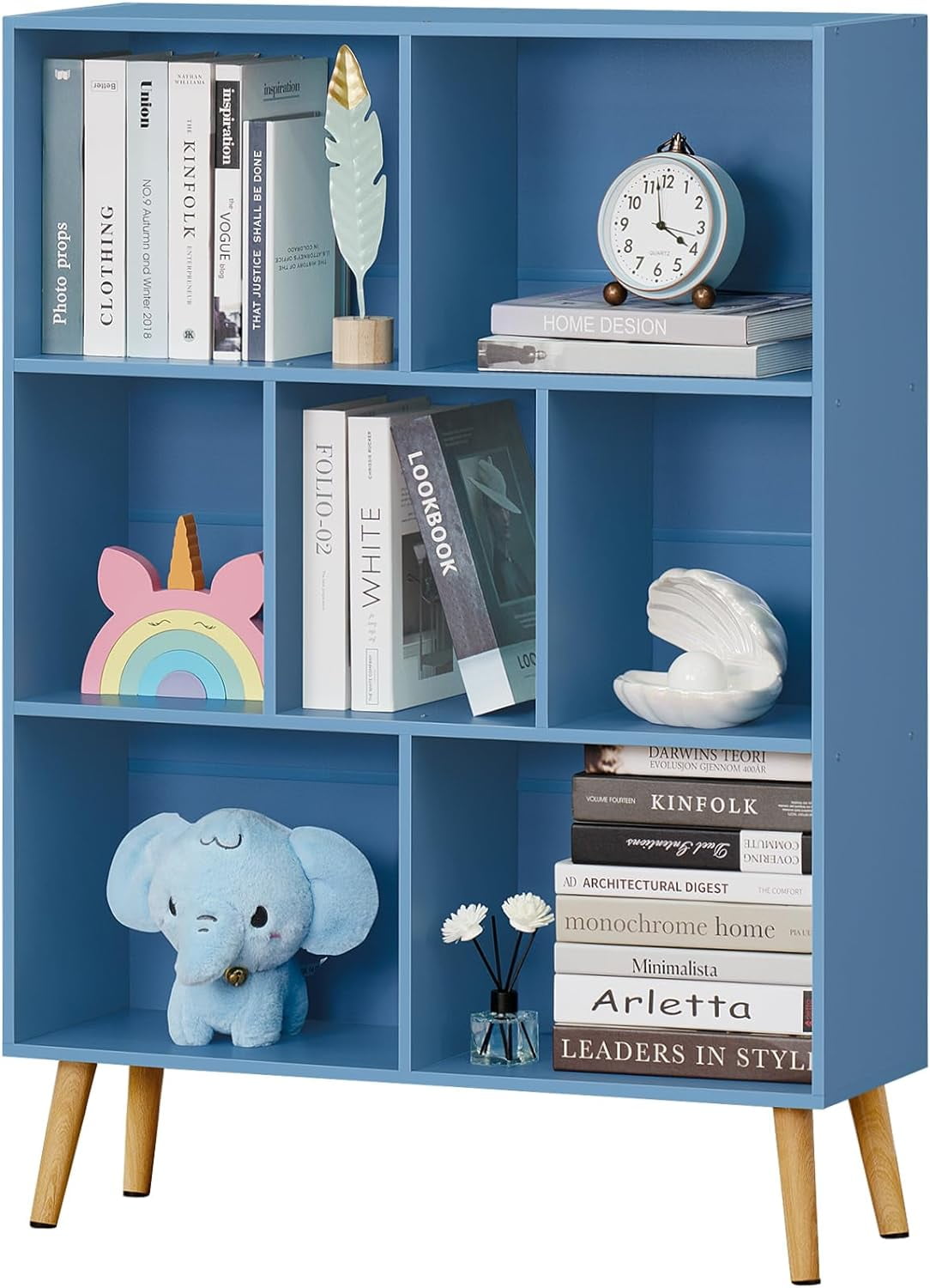 7 Cube Bookshelf, Blue Book Shelf with Cubby Storage,Wooden Modern ...