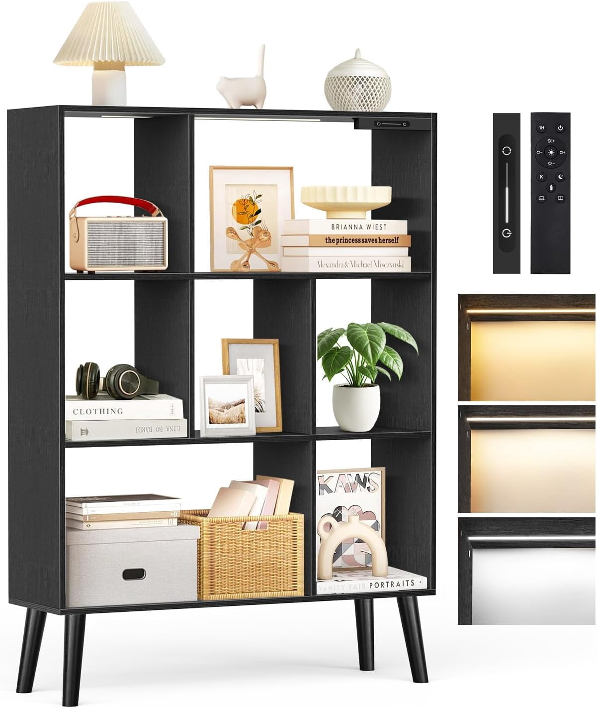 7-Cube Bookshelf with LED Lights, Touch & Remote Control, Freestanding ...