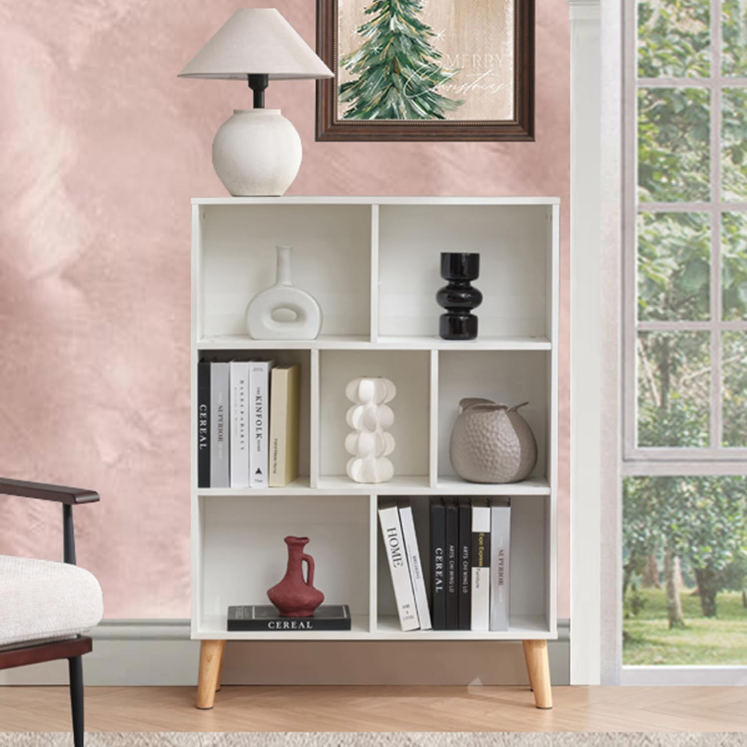 7 Cube Wood Bookshelf, 3 Tier Modern Bookcase with Legs, Open Display ...