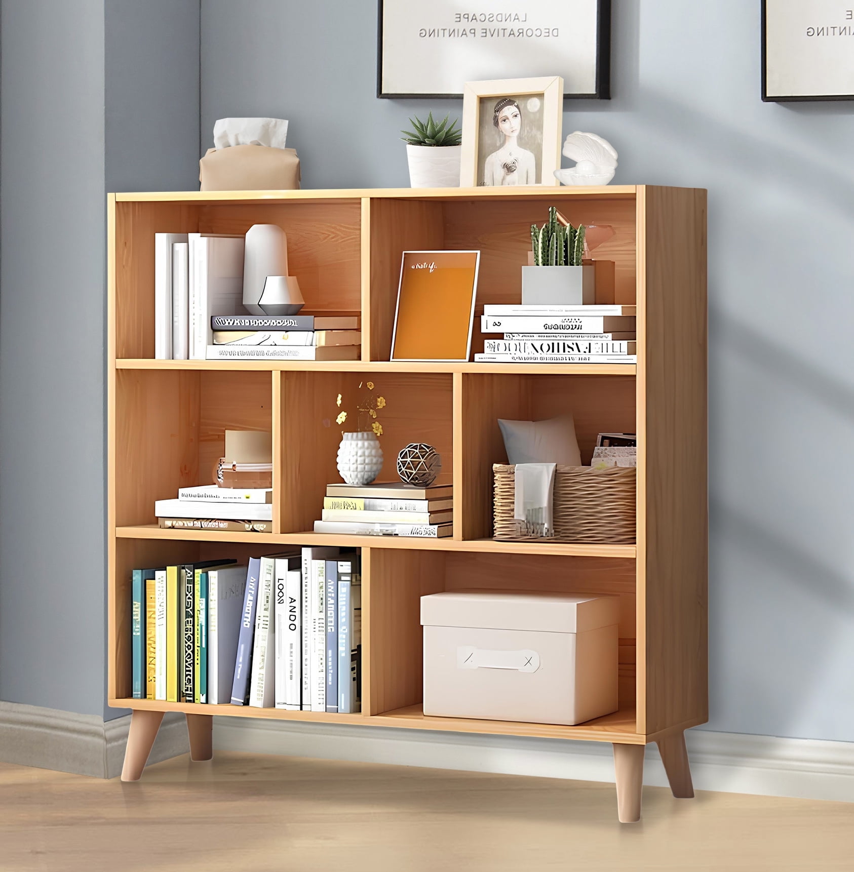 7 Cubes Open Shelf Bookcase with Legs, 3-Tier Floor Standing Bookshelf ...