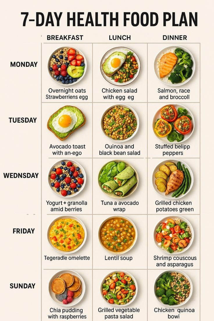 7-DAY HEALTH FOOD PLAN Healthy nutrition checklist poster meal planning ...