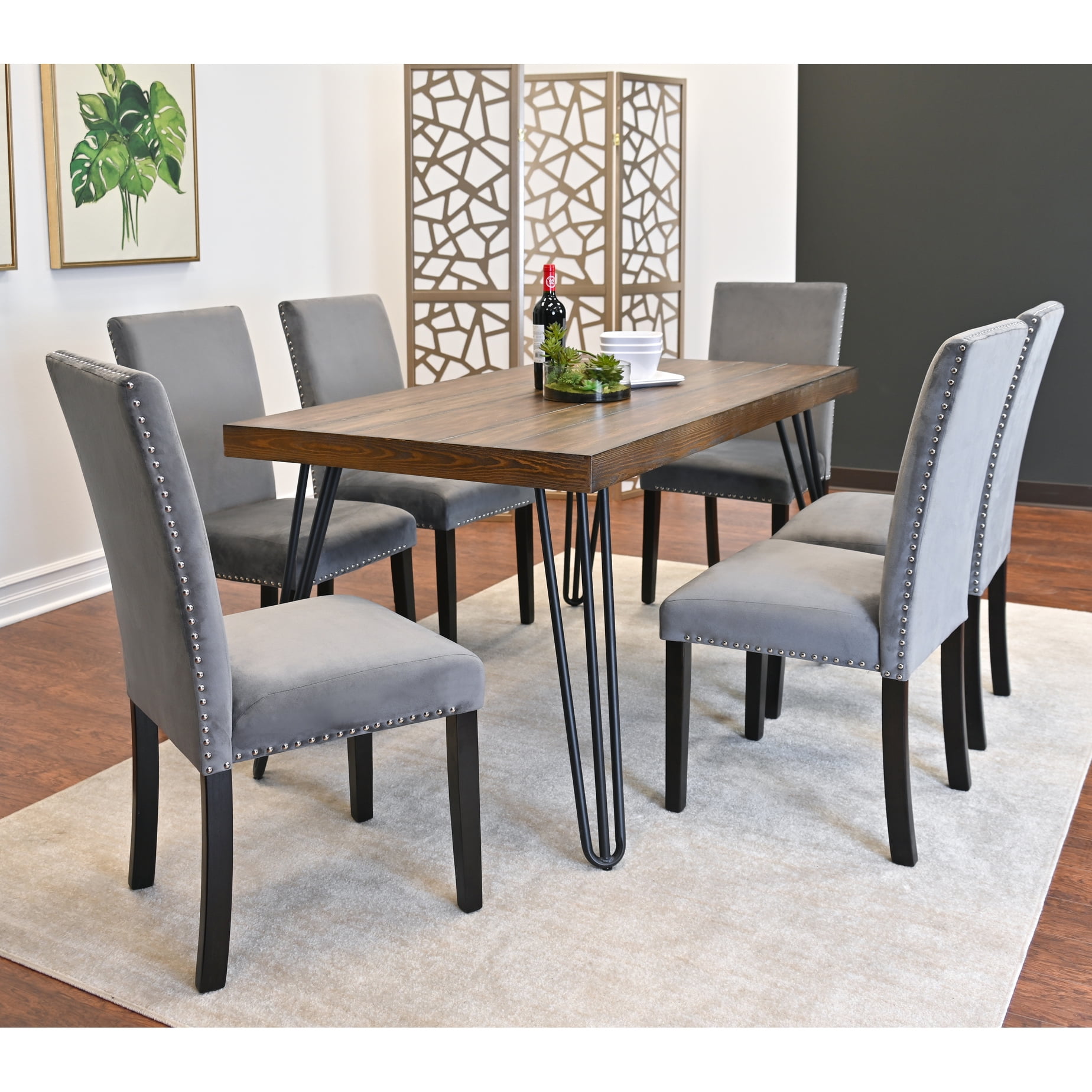 7 Dining : Hairpin Table And 6 Chairs, Dark Pine Appearance, Metal Base, Rectangular For Family ...