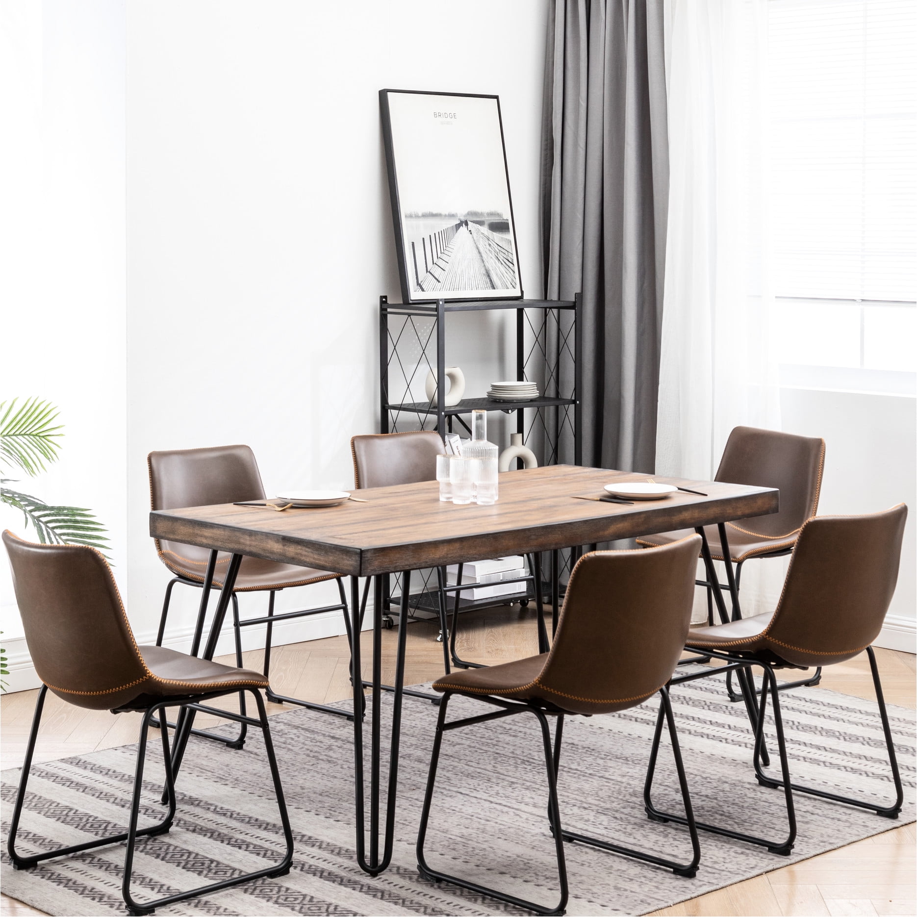 7 Dining Industrial, Antique Brown. Rectangular Table With Metal Legs ...