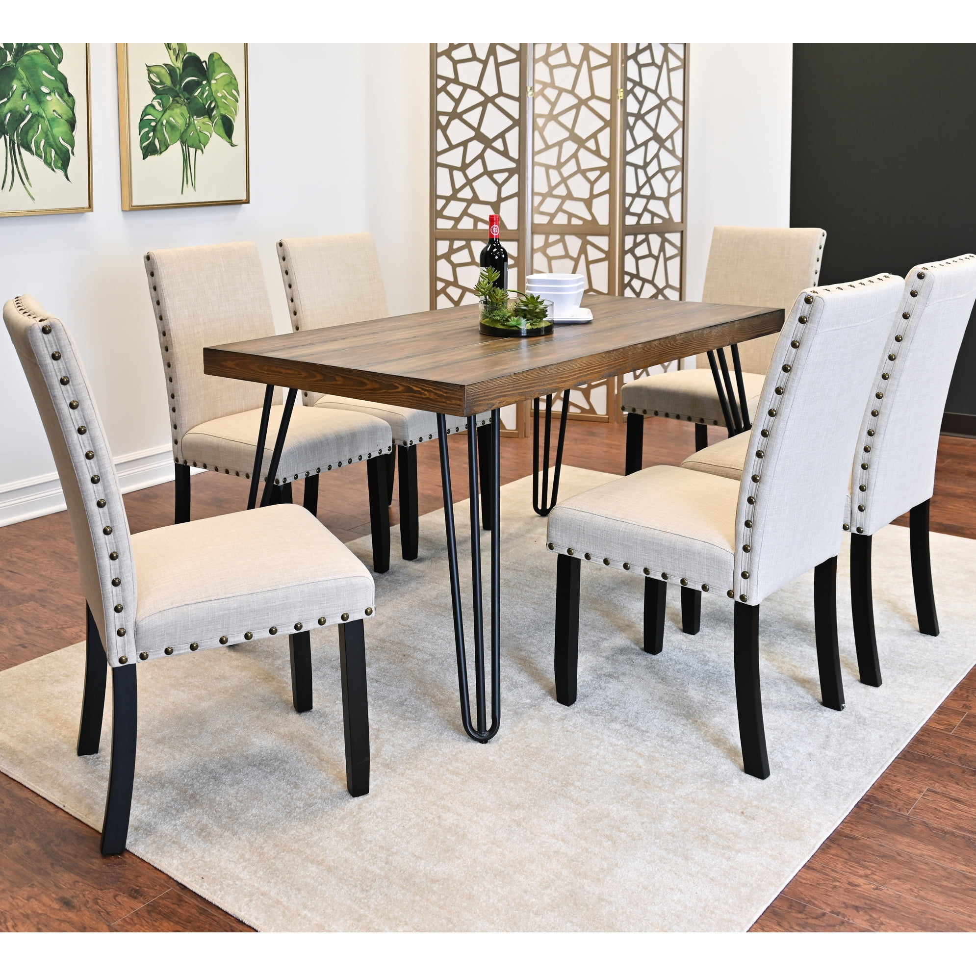 7 Dining , Rectangular Hairpin Table, 6 Chairs, Rustic Dark Pine ...
