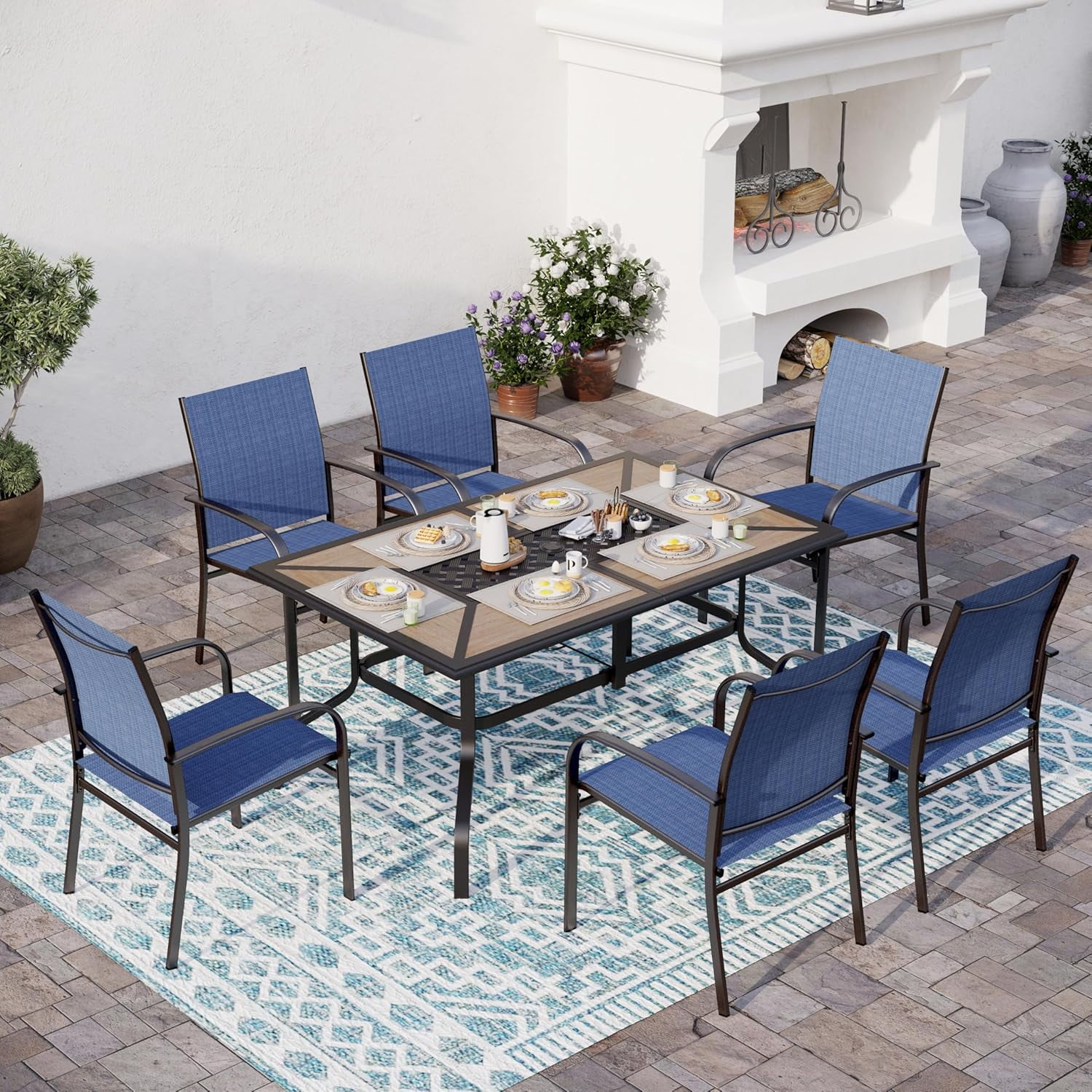 7 Dining Set for 6, Metal Rectangular Dining Table (PVC Table Top) with ...