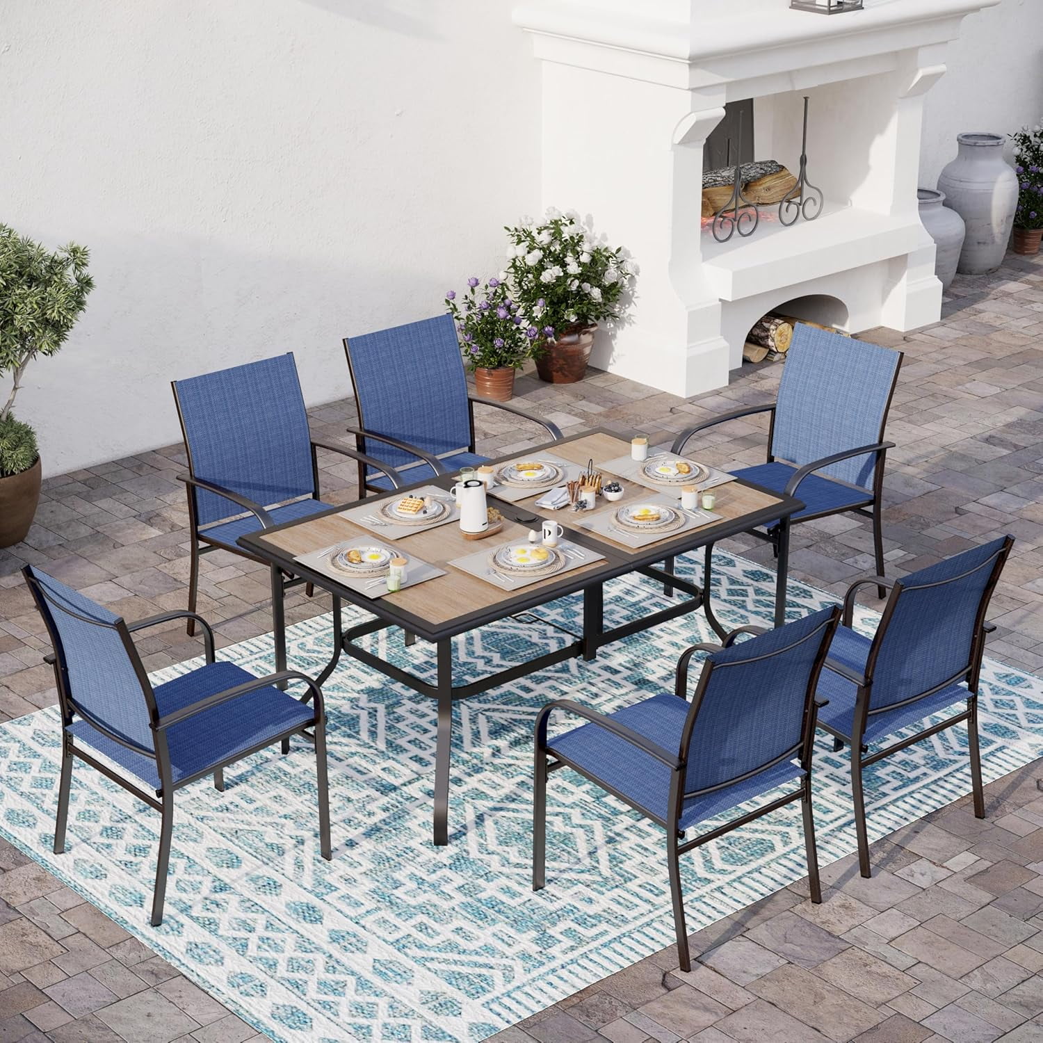 7 Dining Set for 6, Rectangular Metal Dining Table (PVC Table Top) with ...
