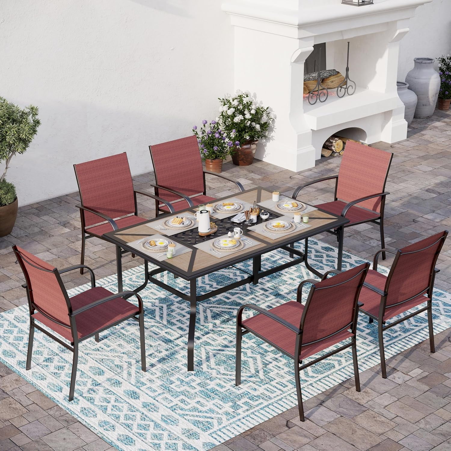 7 Dining Set for 6, Rectangular Metal Dining Table (PVC Table Top) with ...