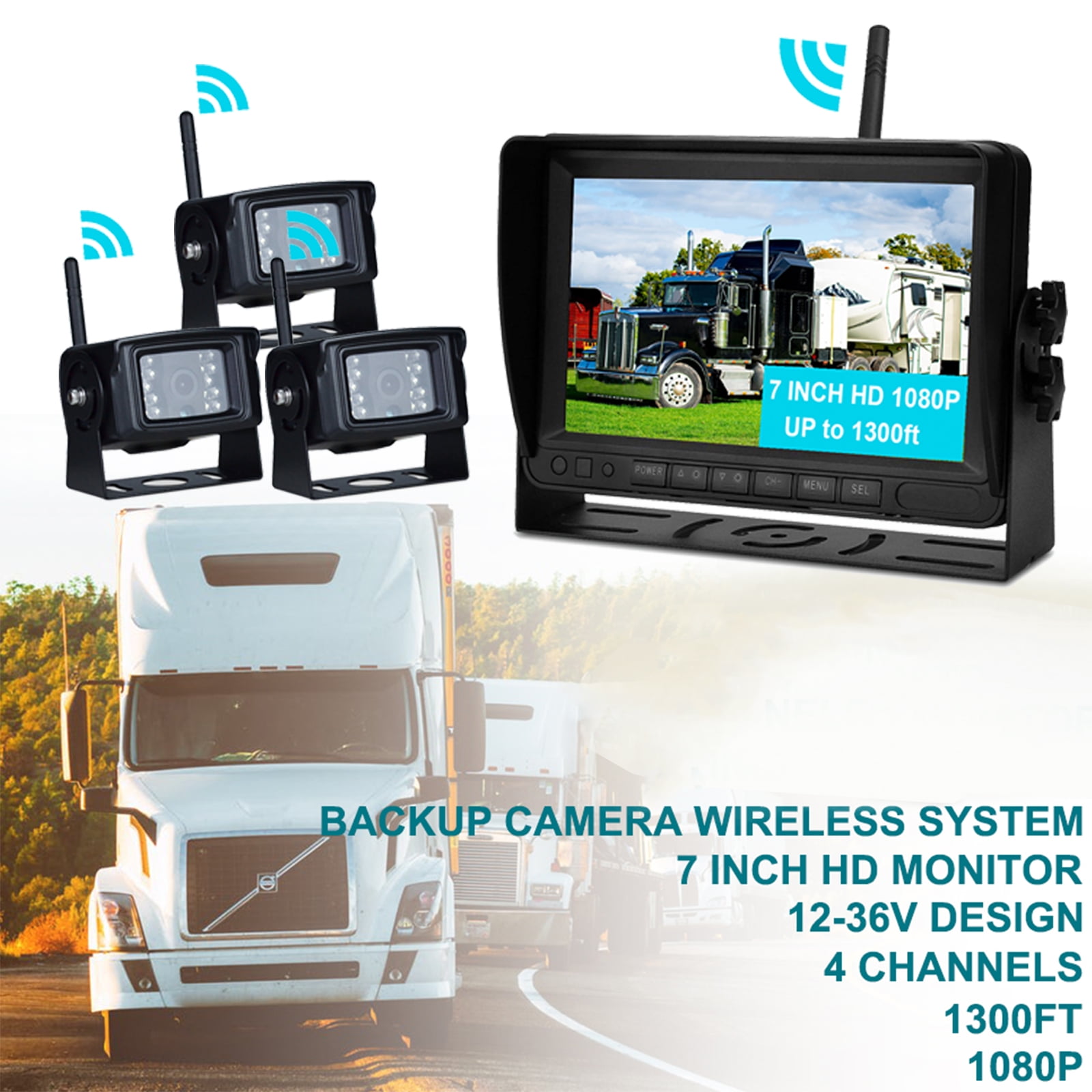 7" Display AHD 1080P Wireless 3CH Rear View Backup Camera Kit for Truck ...