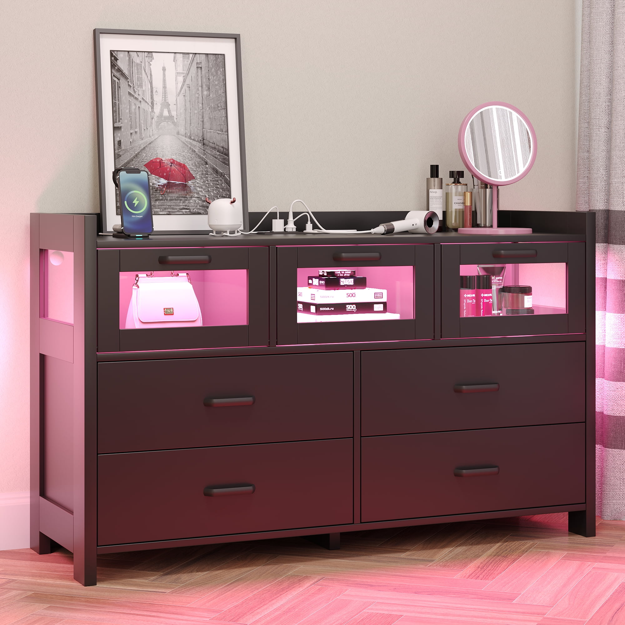 7 Drawer Black Dresser For Bedroom, Long Dresser With Charging Station ...