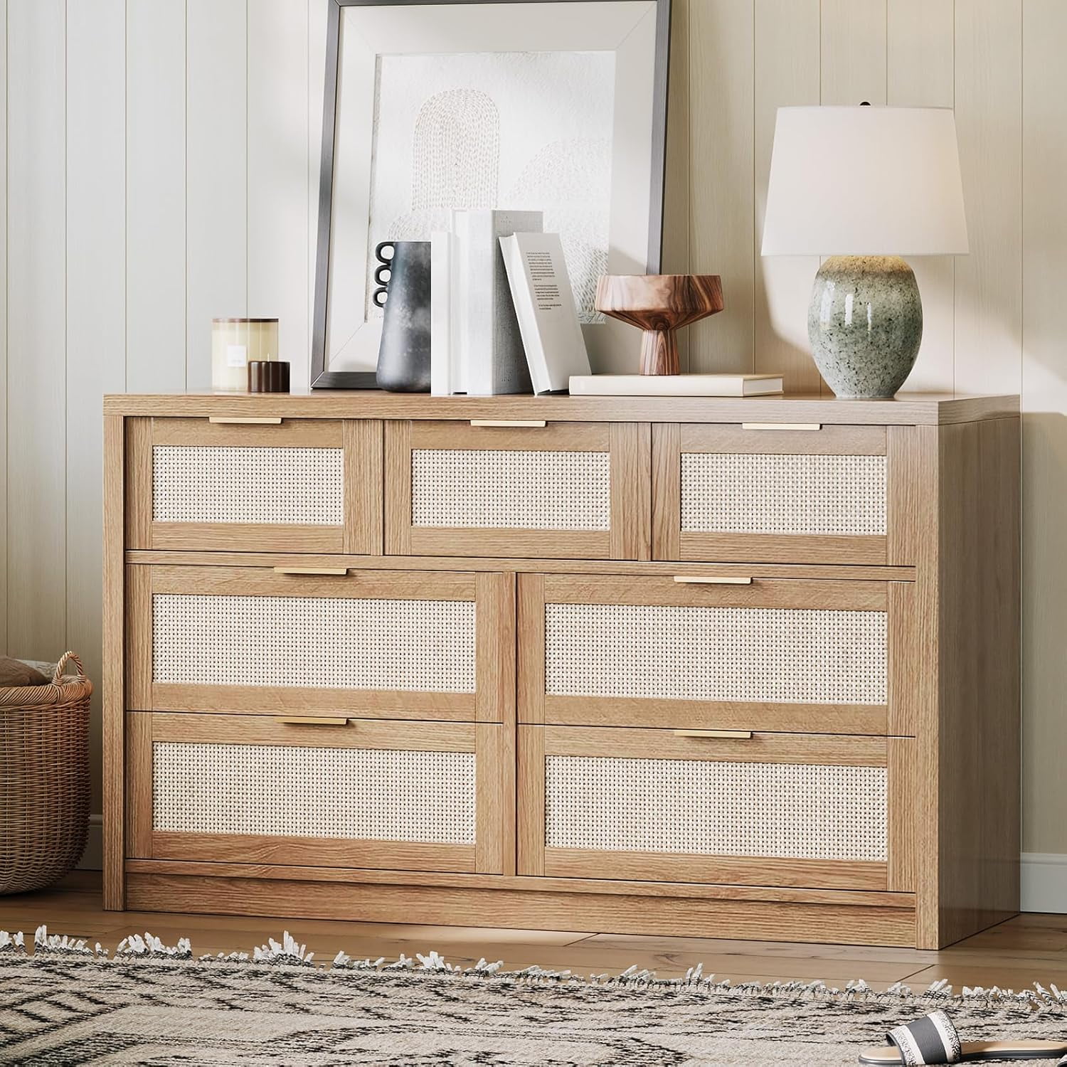 7-Drawer Boho Rattan Dresser, Wide Wooden Chest with Deep Storage and ...