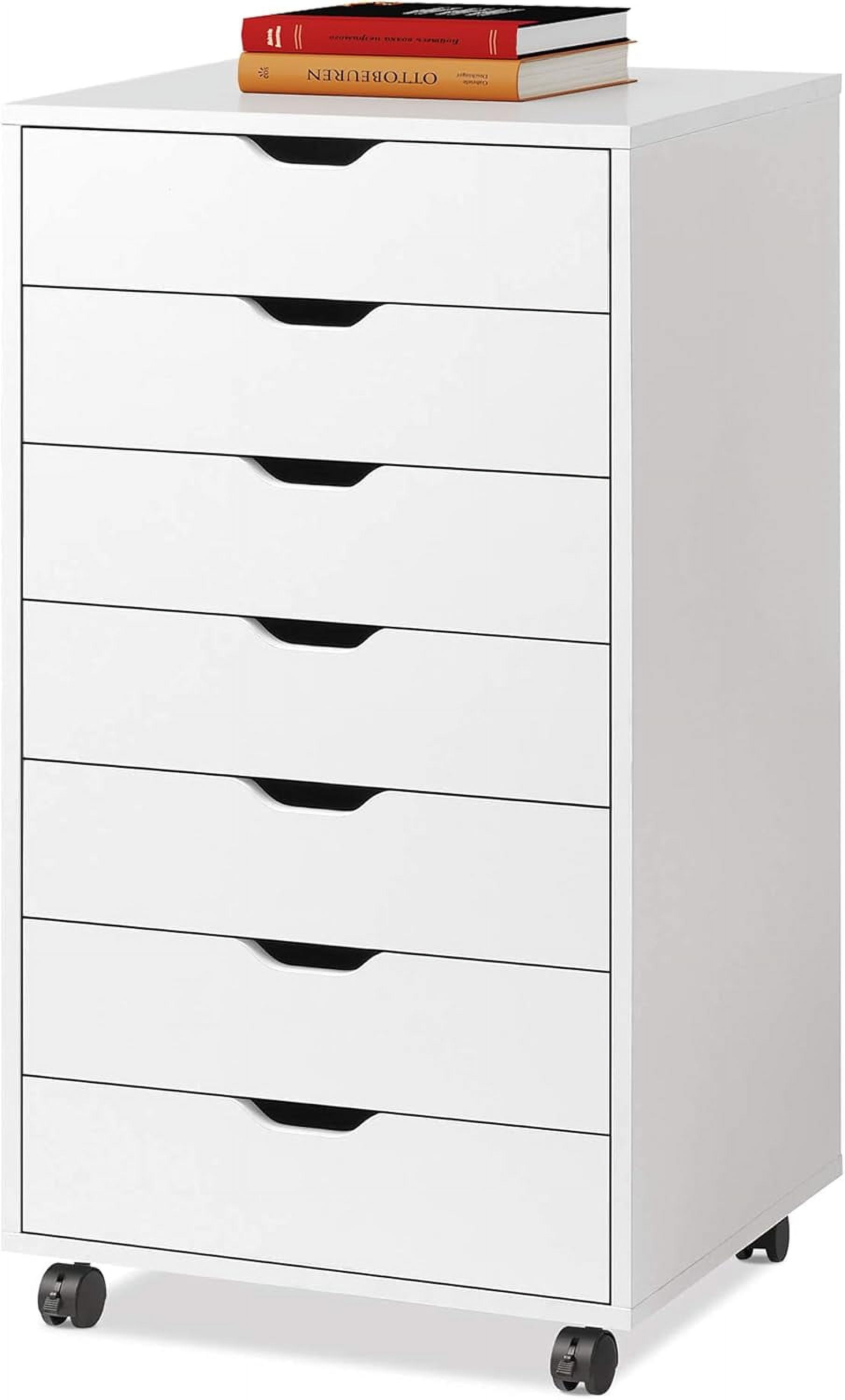7-Drawer Chest, Wood Storage Dresser File Cabinet with Wheels, White ...