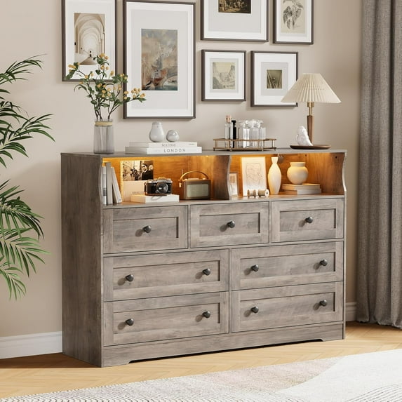7 Drawer Dresser for Bedroom with LED Lights, Wooden Chest of Drawers ...