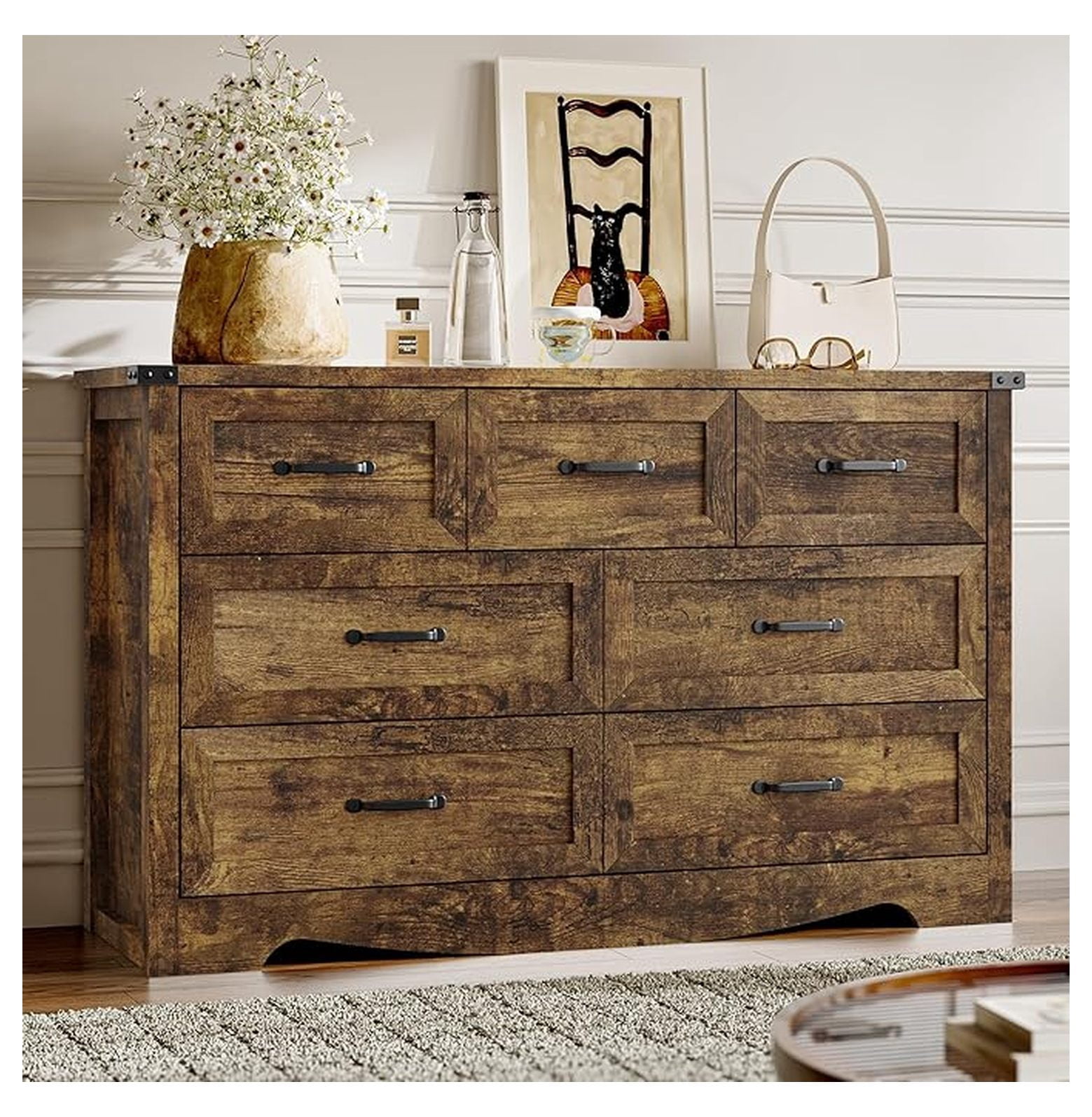 7-Drawer Dresser Bedroom, Modern Wood Chest of Drawers, Metal Handles ...