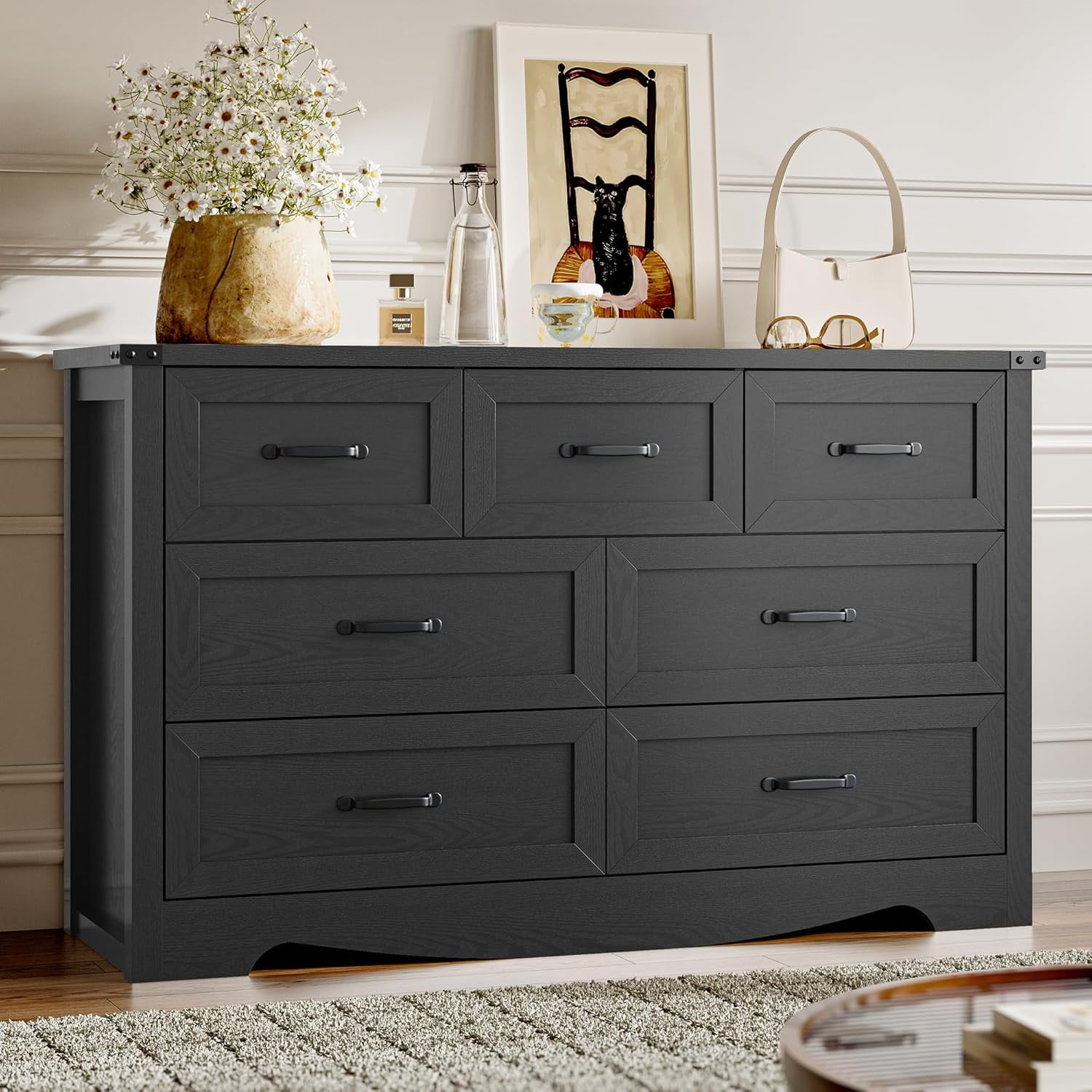 7-Drawer Dresser for Bedroom, Modern Wooden Chest of Drawers with Metal ...