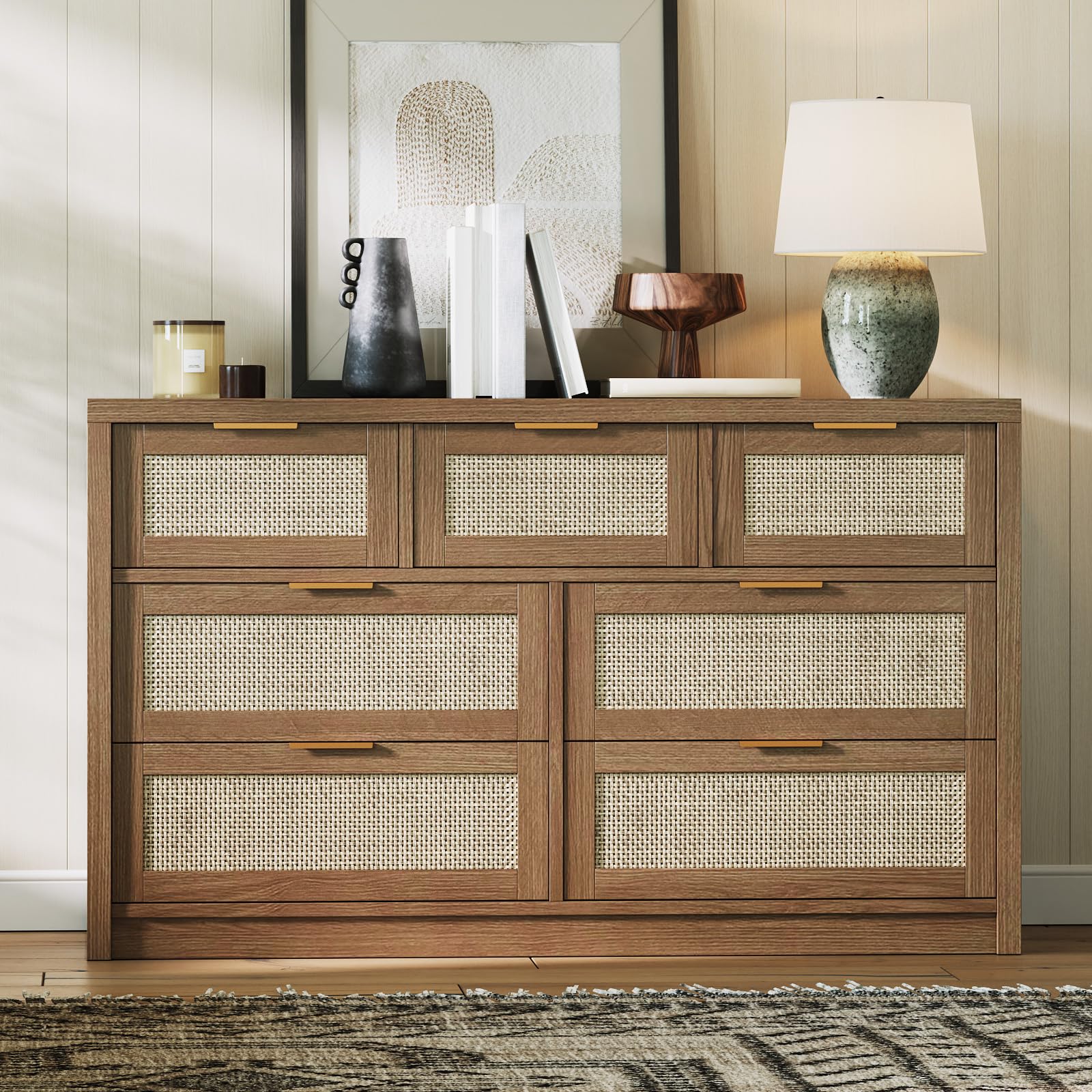 7 Drawer Dresser for Bedroom, Rattan Chest of Dressers, Modern Wooden ...