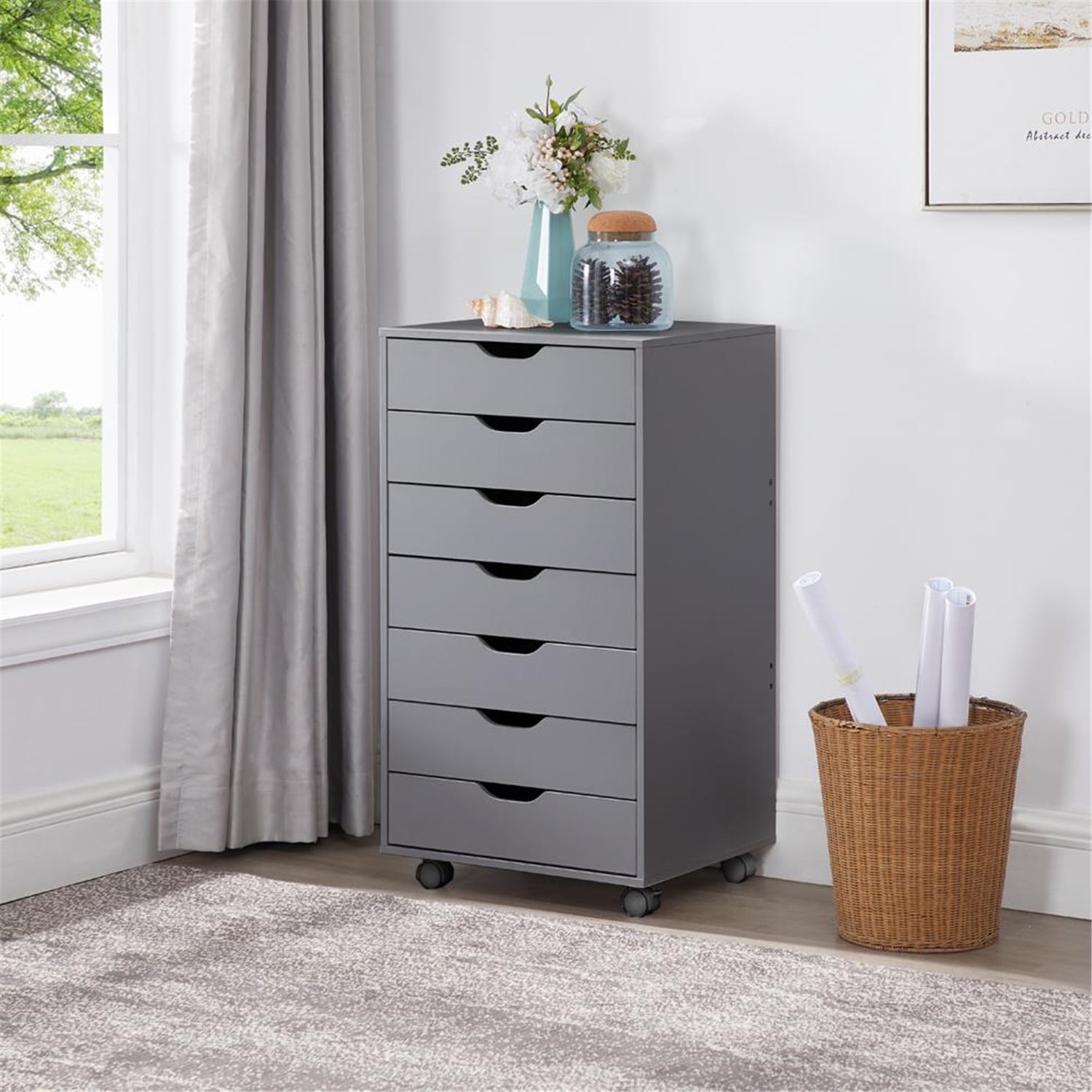 7 Drawer Office Cabinet, Tall Dresser with Wheels, Storage Shelves, 180 ...