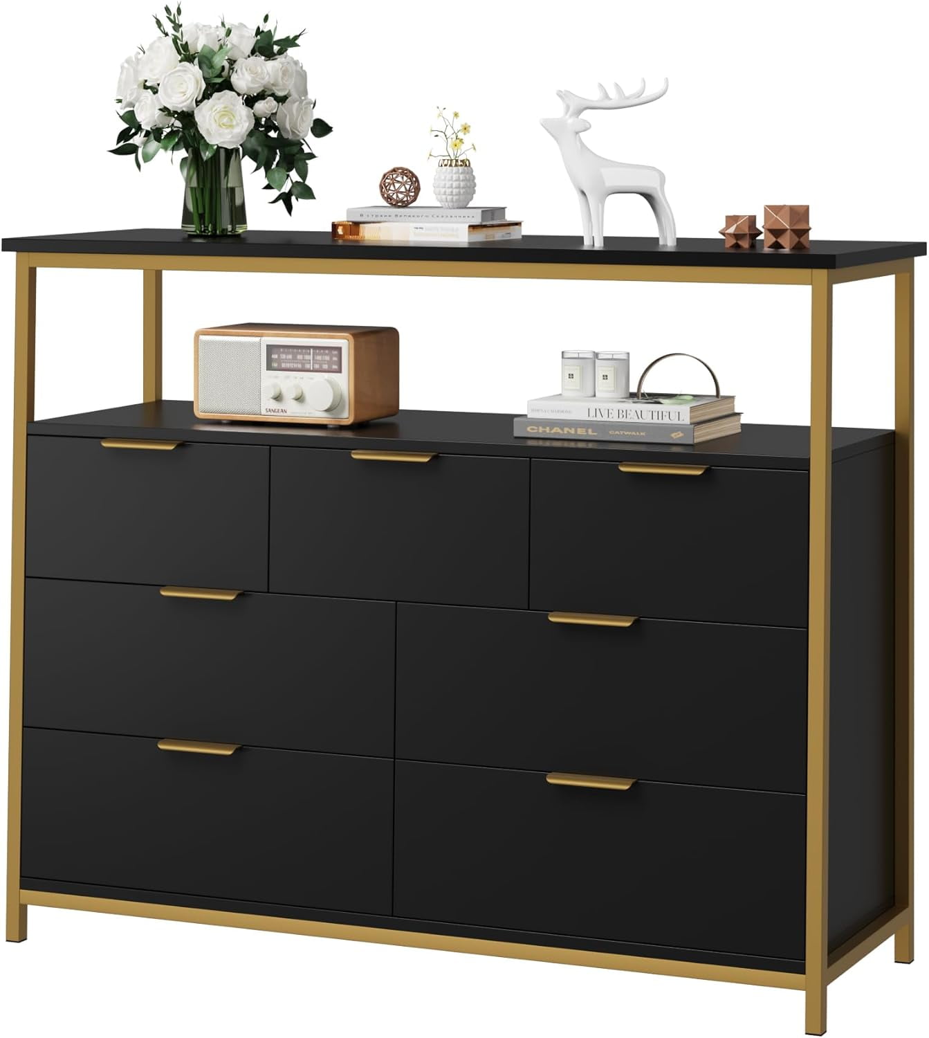 7 Drawer Dresser, Black Dresser, Wide Dresser Chest of Drawers, Modern ...