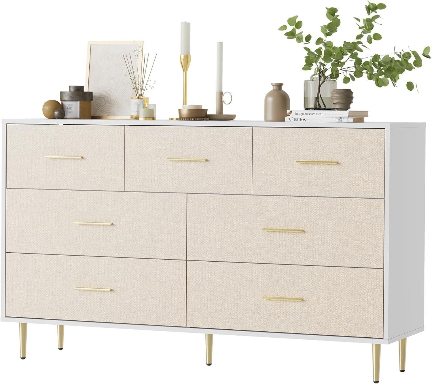 7 Drawer Dresser, Modern Chest of Drawer with Gold Metal Handles, Wood ...