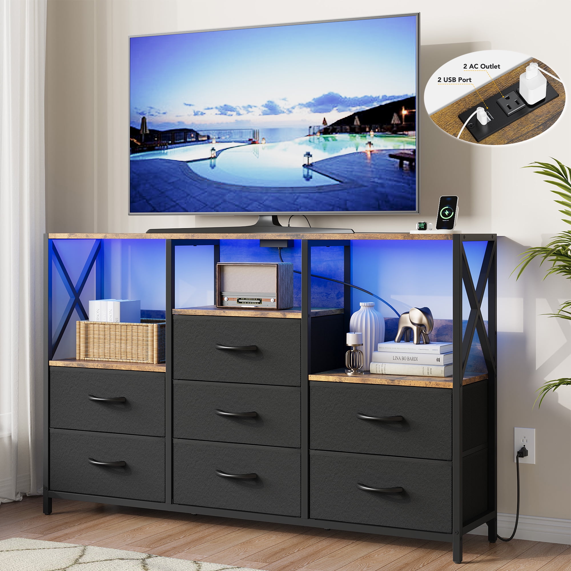 7 Drawer Dresser, 52"W TV Dressers for Bedroom, TV Stand for 65" TVs ...