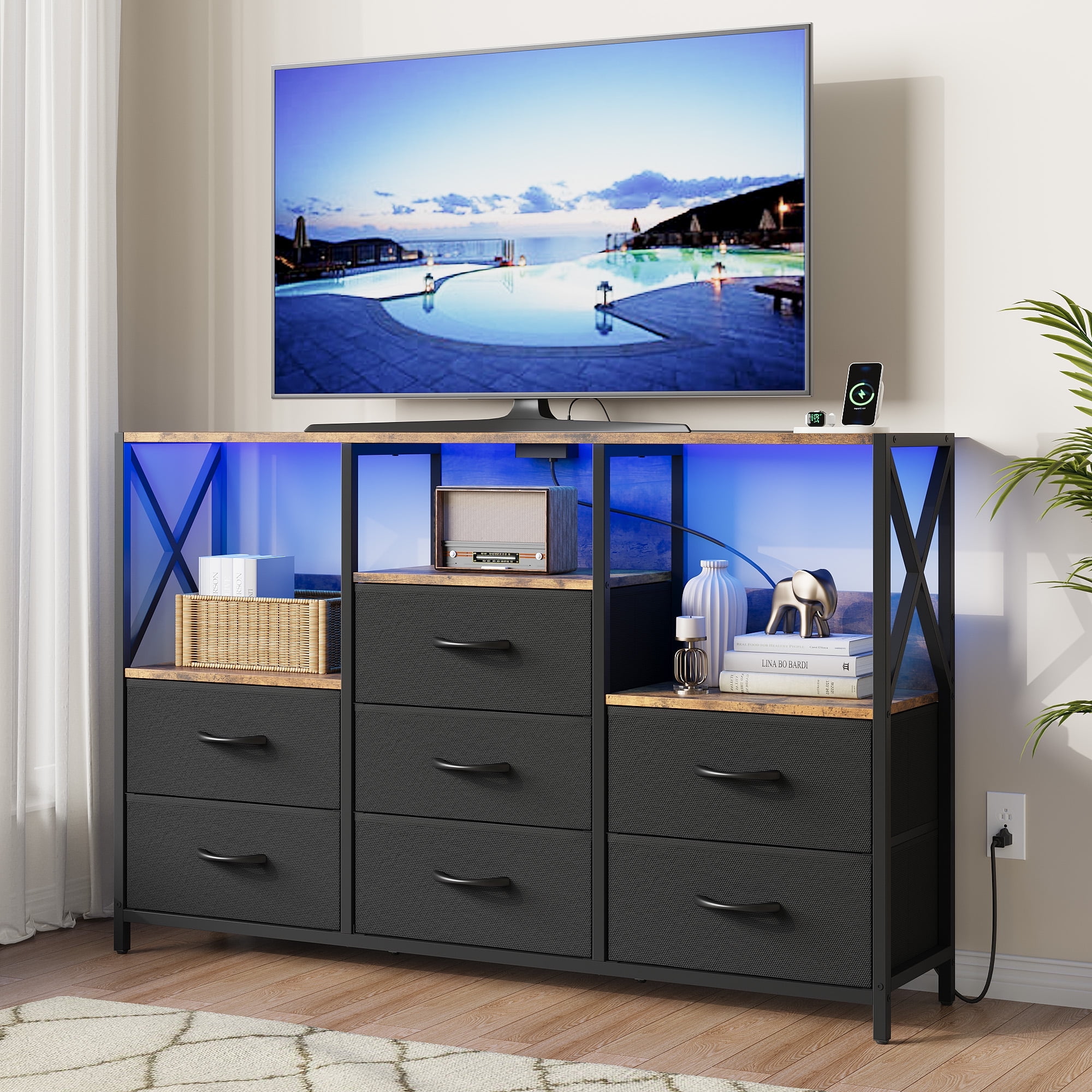 7-Drawer Dressers TV Dresser Stand for 65" TVs with Power Outlets LED ...