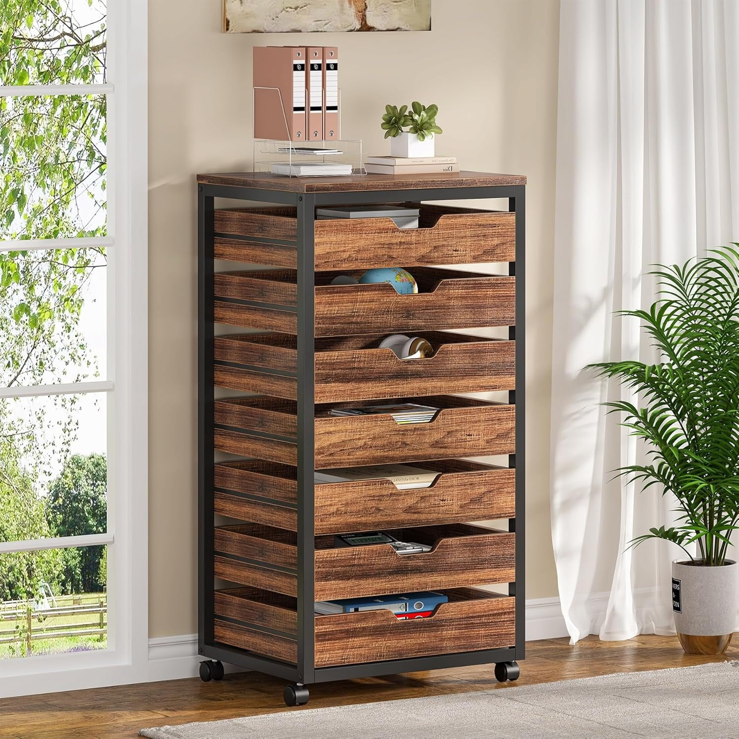 7-Drawer File Cabinet with Drawers & Wheels, Wood Mobile Storage Drawer ...