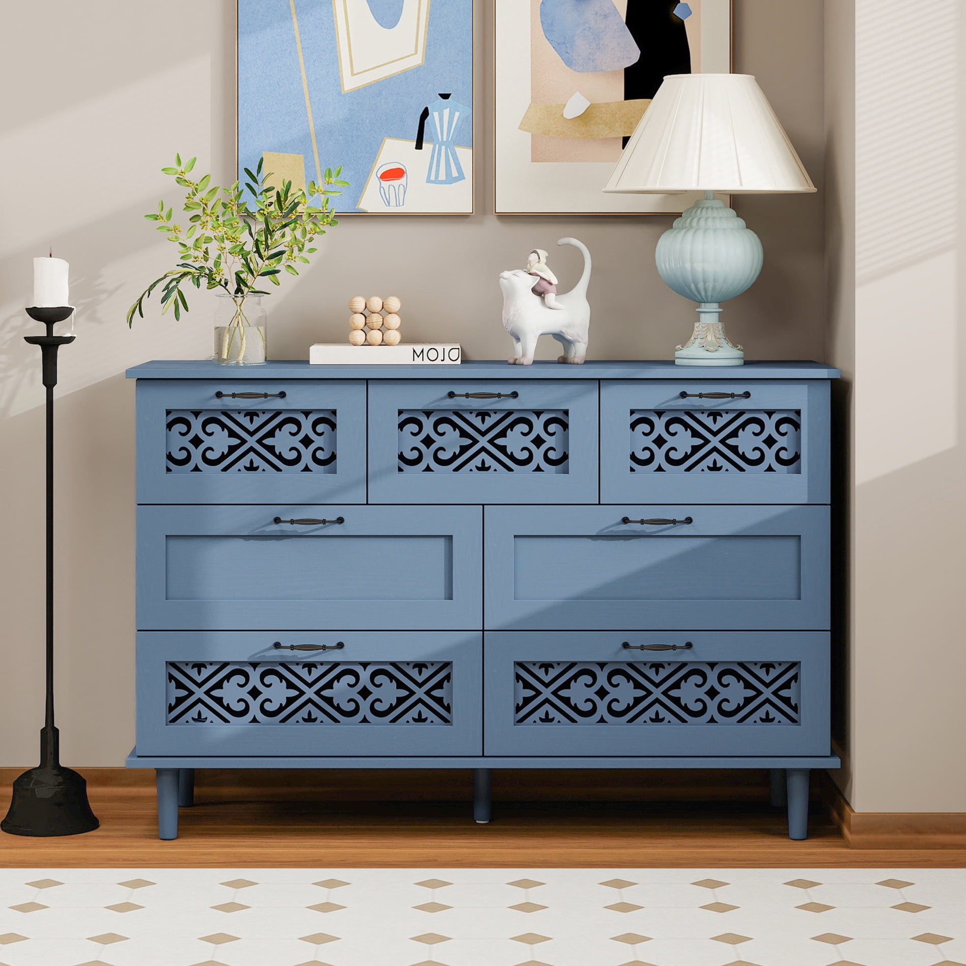 7-Drawer Storage Cabinet with Symmetrical Carved Design, Sturdy Solid ...