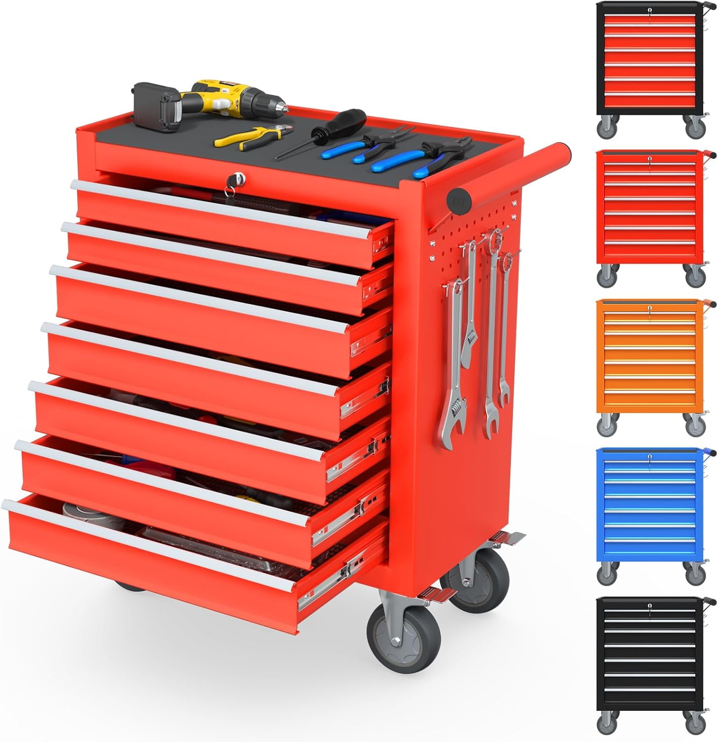 7-Drawer Tool Box with Wheels, Movable Rolling Tool Chest with Drawer, Heavy Duty Tool Cabinet ...