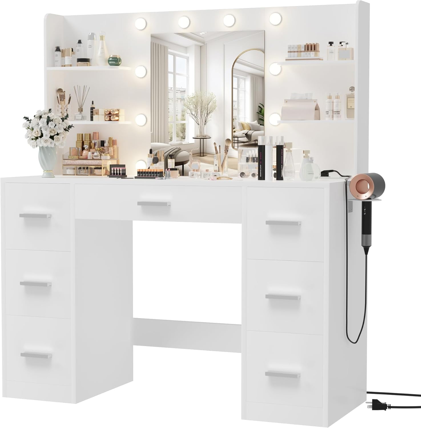 7-Drawer Vanity Table with LED Lights & Mirror for Bedroom or Dressing ...