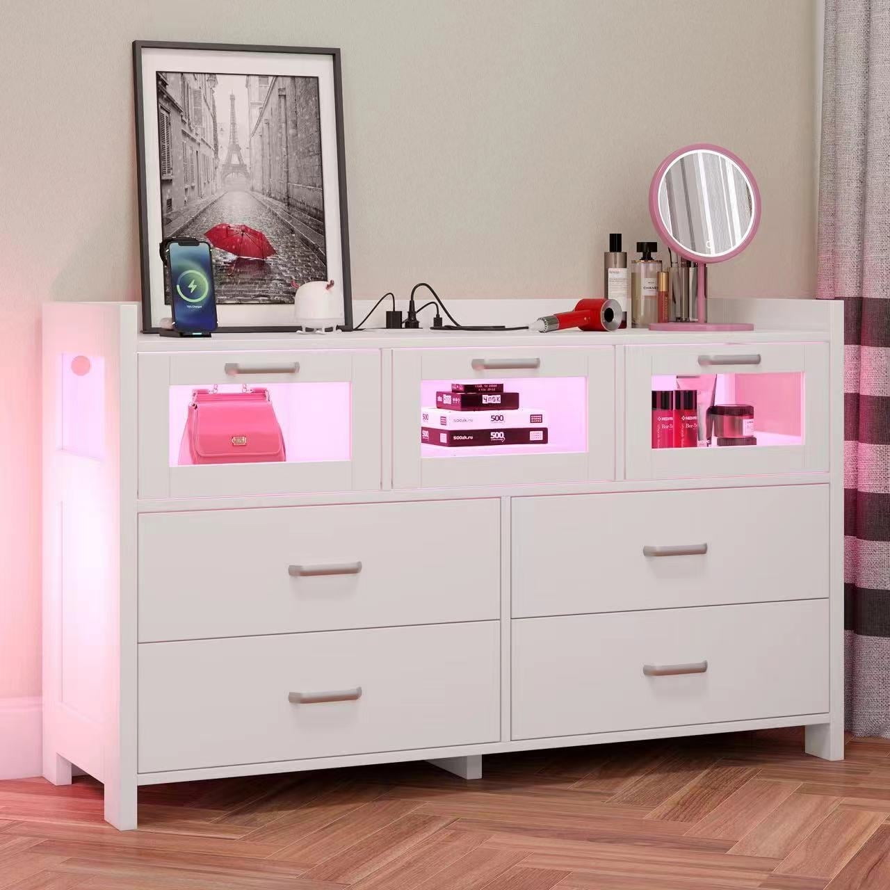 7 Drawer White Dresser For Bedroom, Long Dresser With Charging Station ...