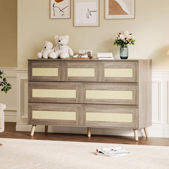 7-Drawer Wide Dresser with Rattan Fronts Wood Legs - Modern Storage for ...