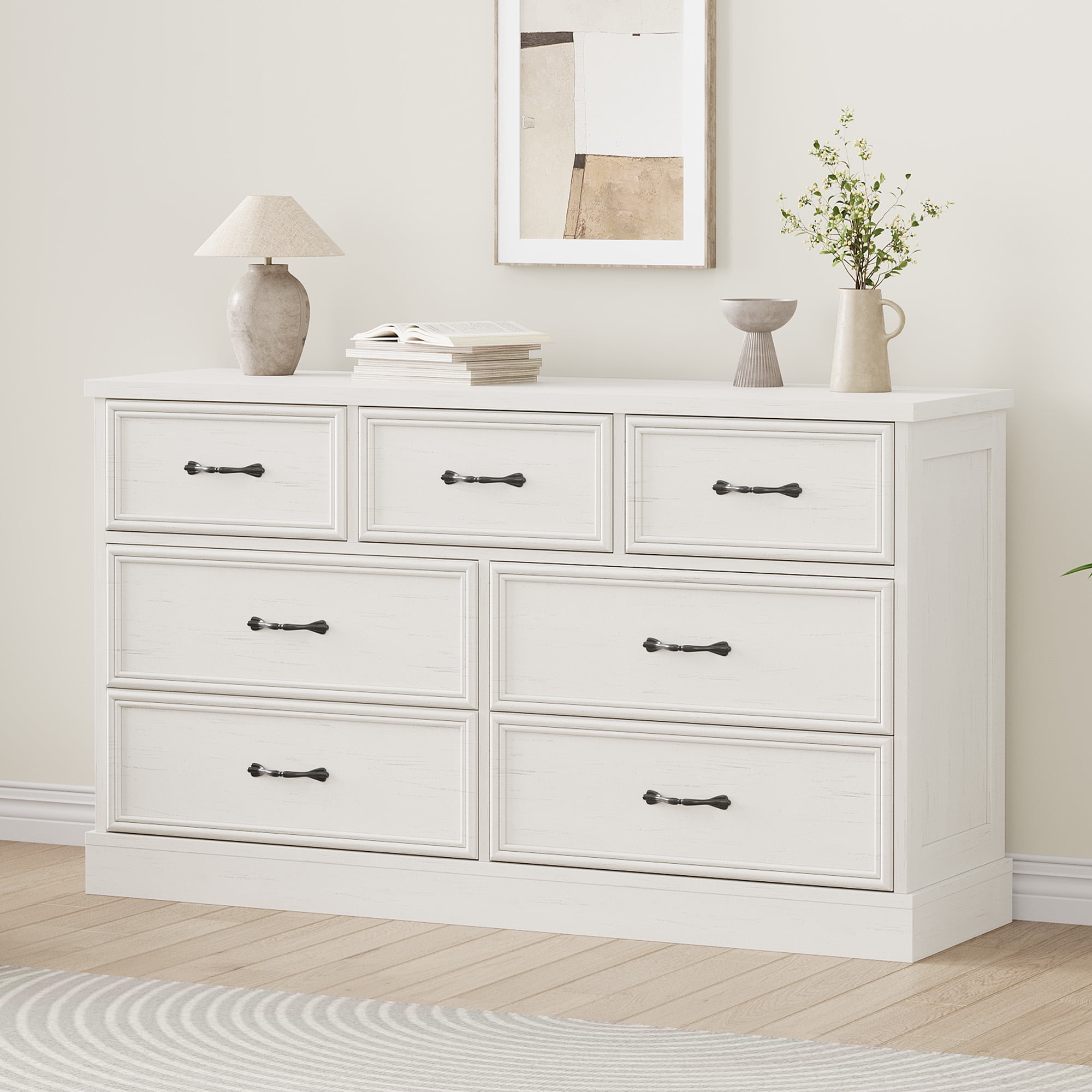 7-Drawer Wood Dresser 55 Inch - Mid-Century Modern Storage Chest ...