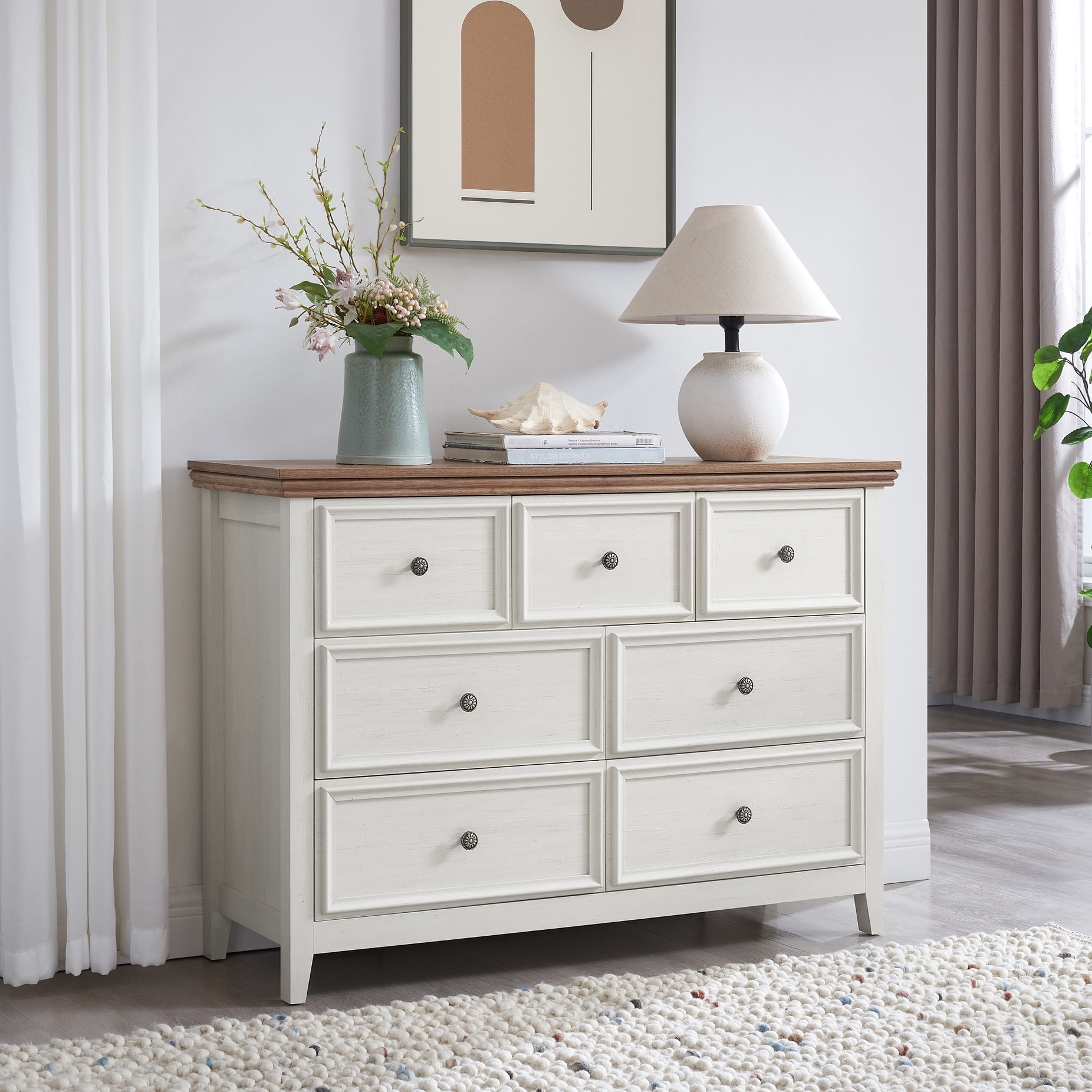 7 Drawers Cabinet For Living Room - Beige Dresser With Spacious ...