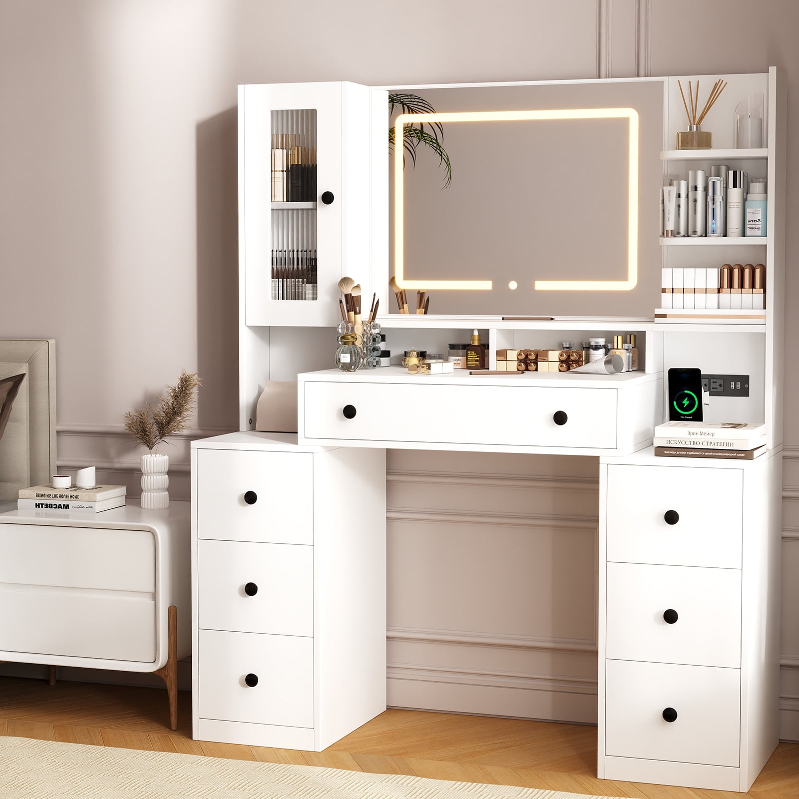 Makeup Vanity Desk with Mirror and Lights, 47.2" Large Vanity Table ...