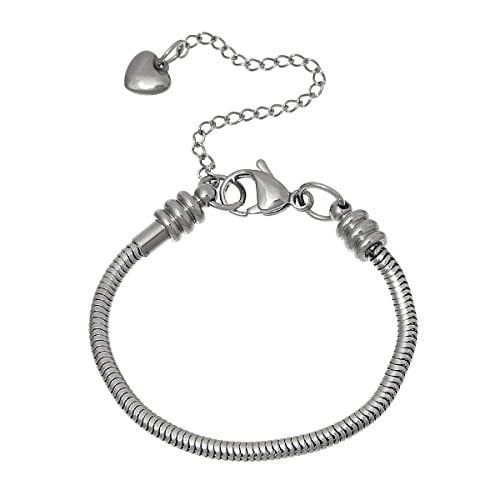 7" European Style Stainless Steel Snake Chain Charm Bracelet with Heart ...