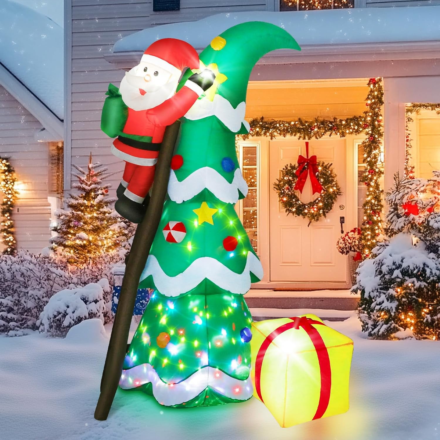 7 FT Christmas Inflatable Santa Climbing Tree, with LED Lights & Gift ...