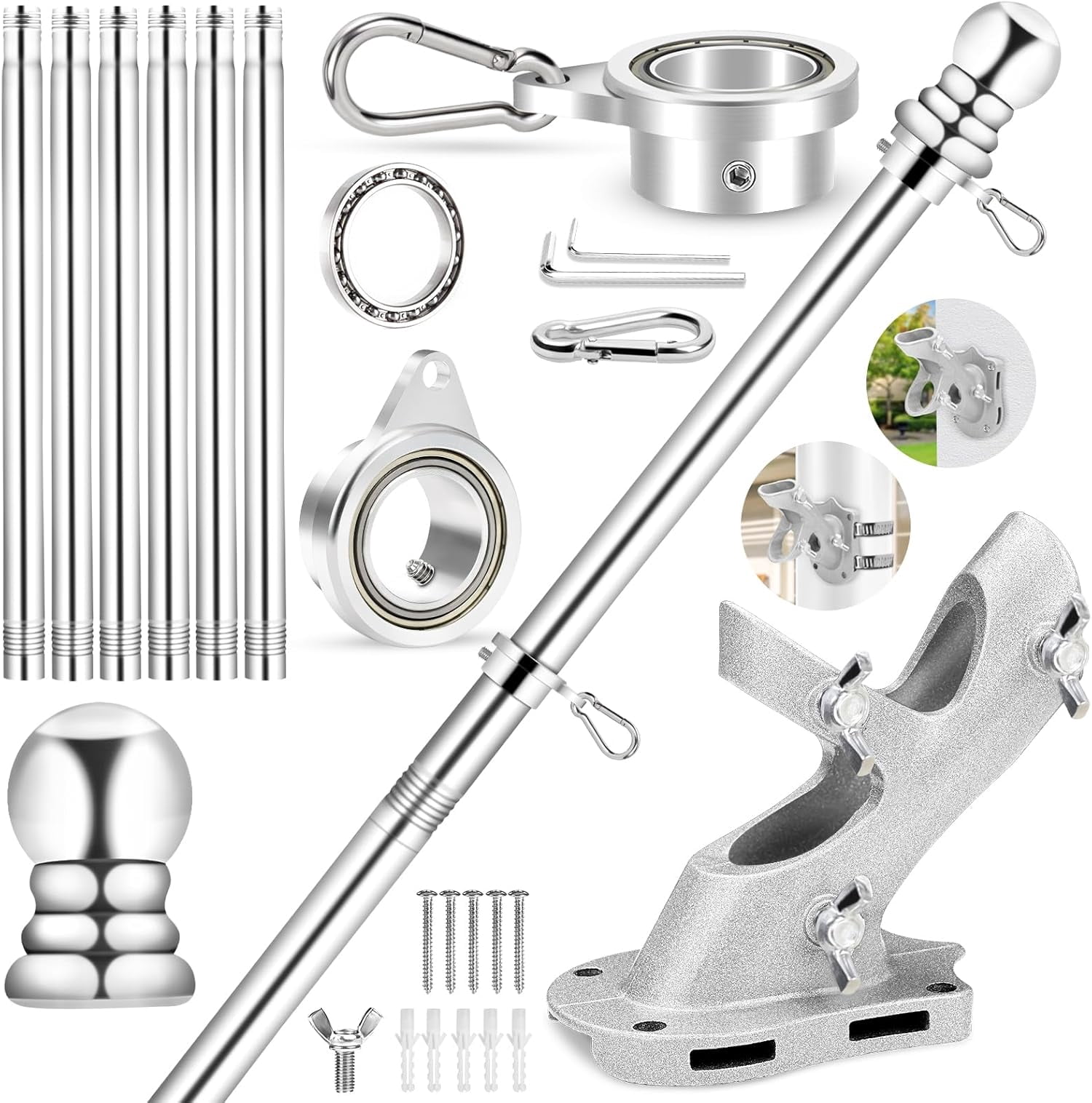 7 FT Pole Kit with Bearings Rings Holder, 360? Anti-Wrap Spinning ...