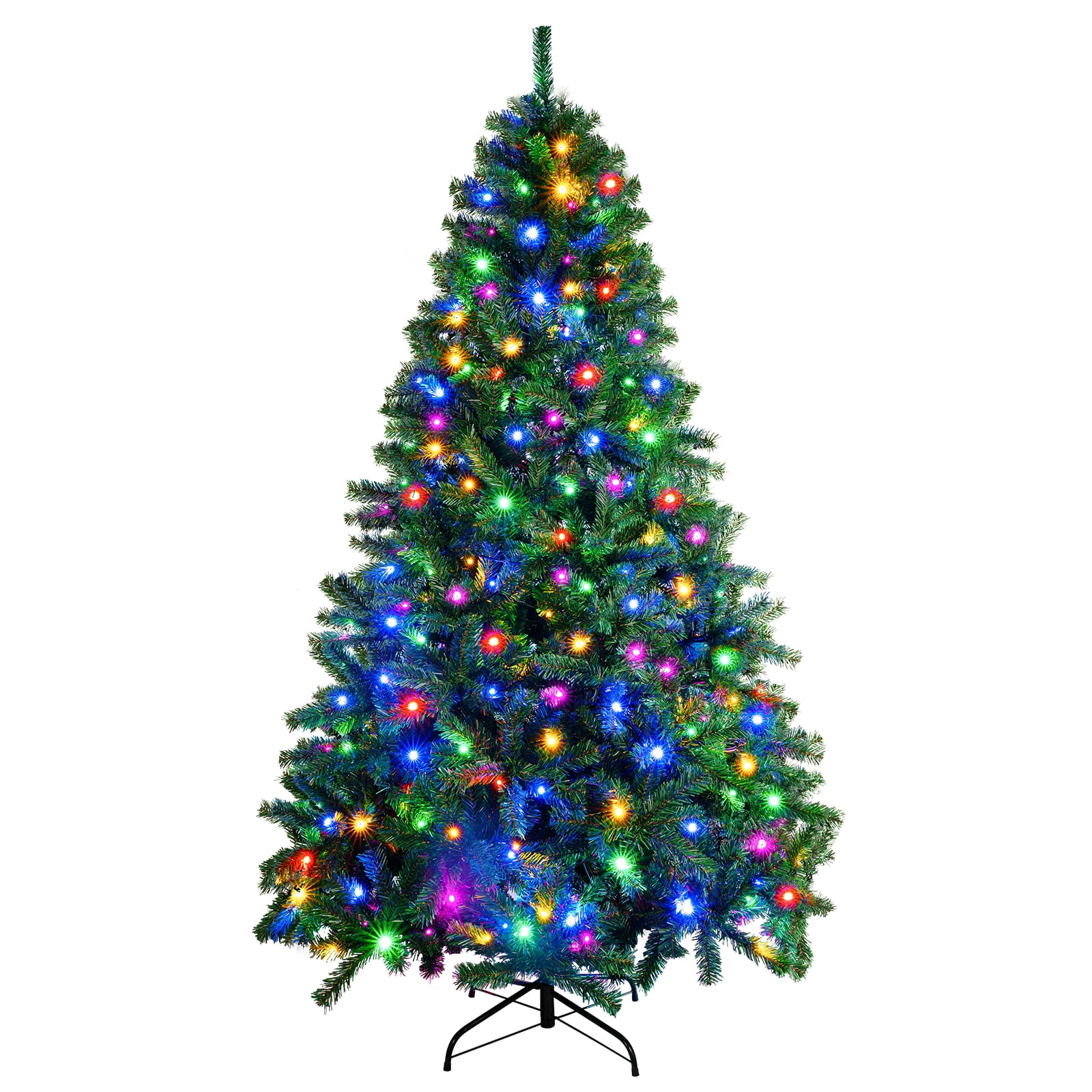7 FT Pre-Lit Artificial Christmas Tree, Hinged Xmas Tree W/ 300 Dual-Colored LED Lights, 8 Flash ...