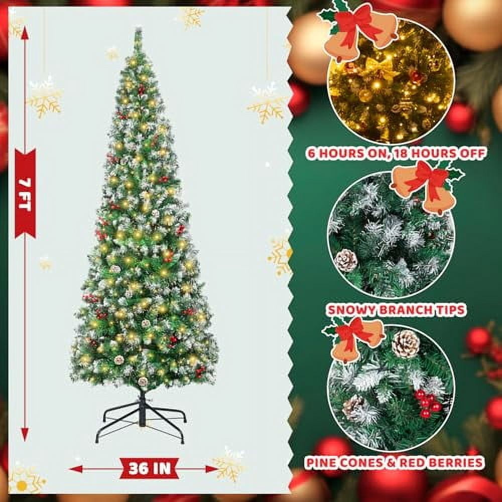 7 FT Pre-lit Christmas Tree, Snow Frosted Pencil Tree with 300 LED ...