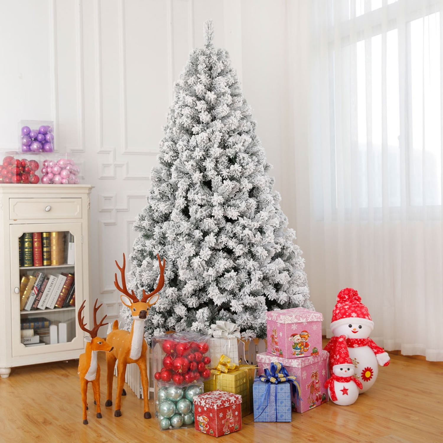 7 FT Pre-lit Snow Flocked Christmas Tree, Artificial Hinged Xmas Pine ...