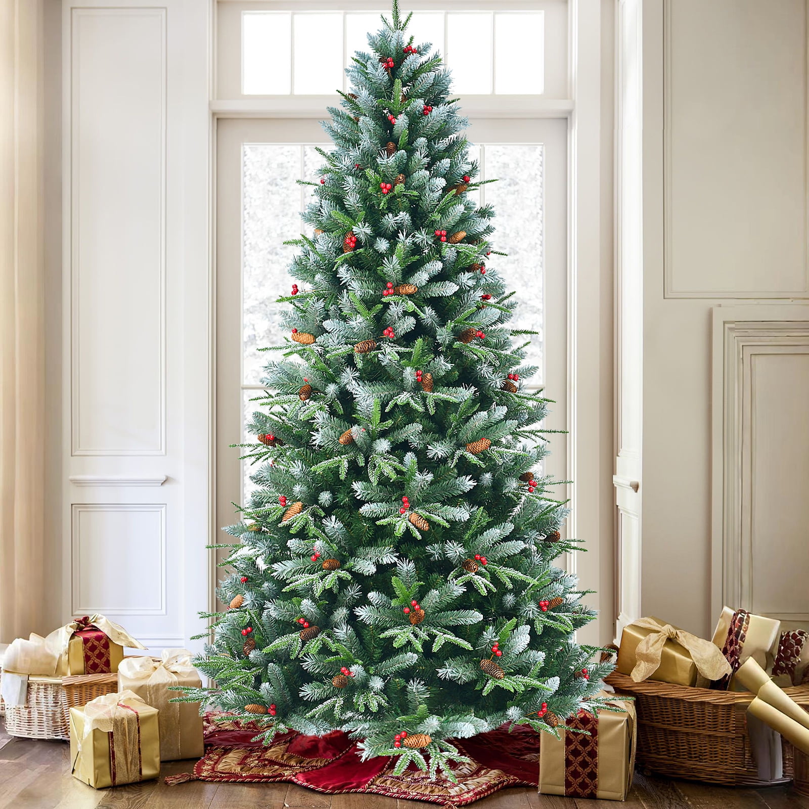 Soilhill 7ft Snow Frosted Christmas Tree w/2178 PE/PVC Tips, Pinecone ...