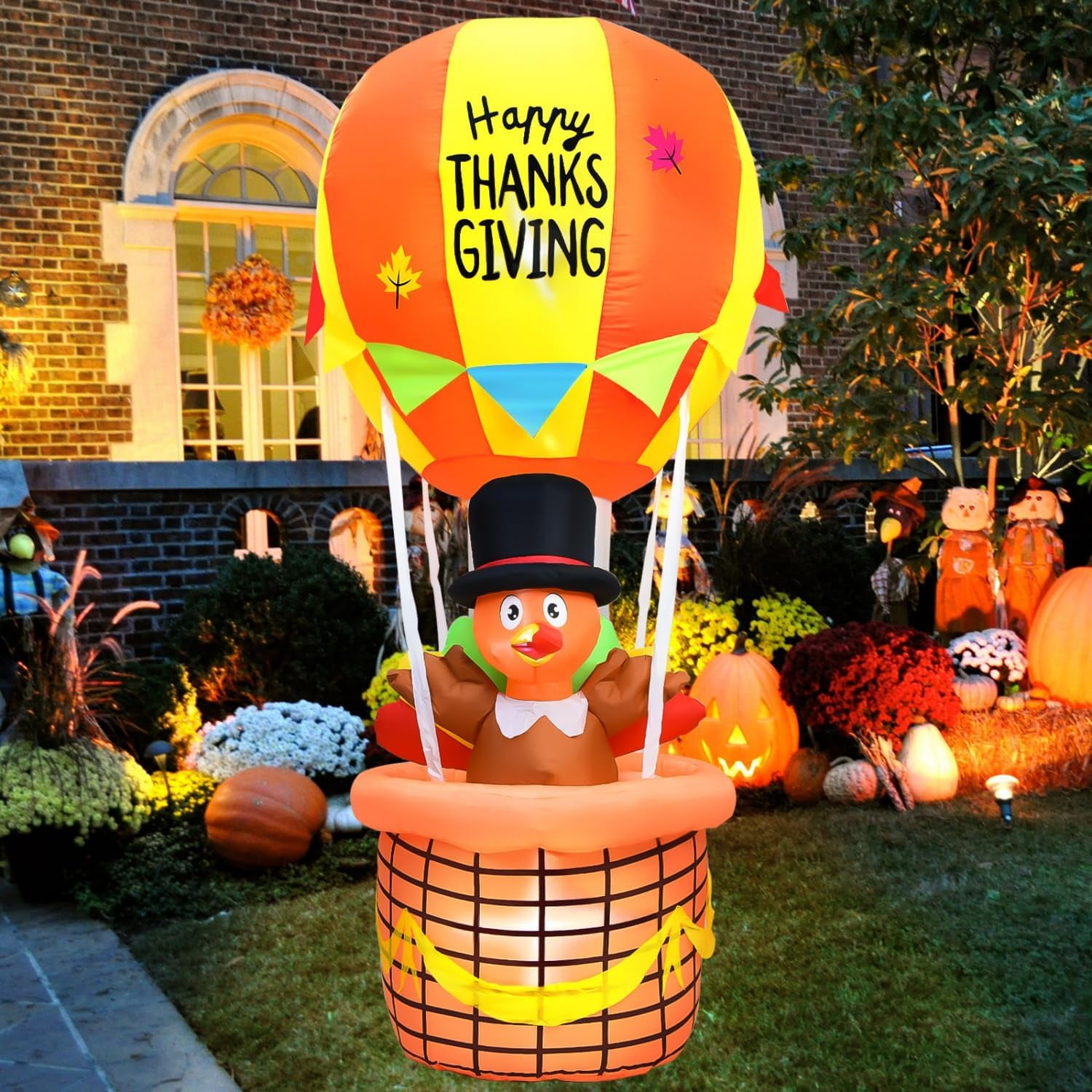 7 Ft Happy Thanksgiving Inflatable Turkey Riding in a Hot Air Balloons ...
