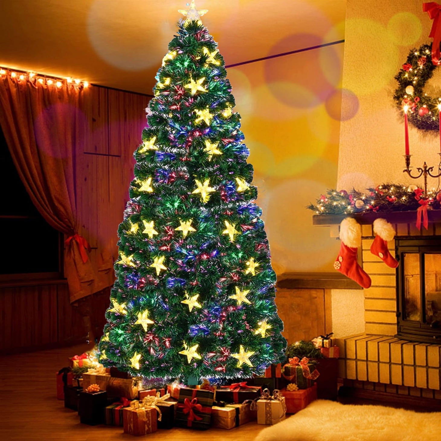 7 Ft Pre Lit Fiber Optic Christmas Tree With Large Star Topper And 48 ...