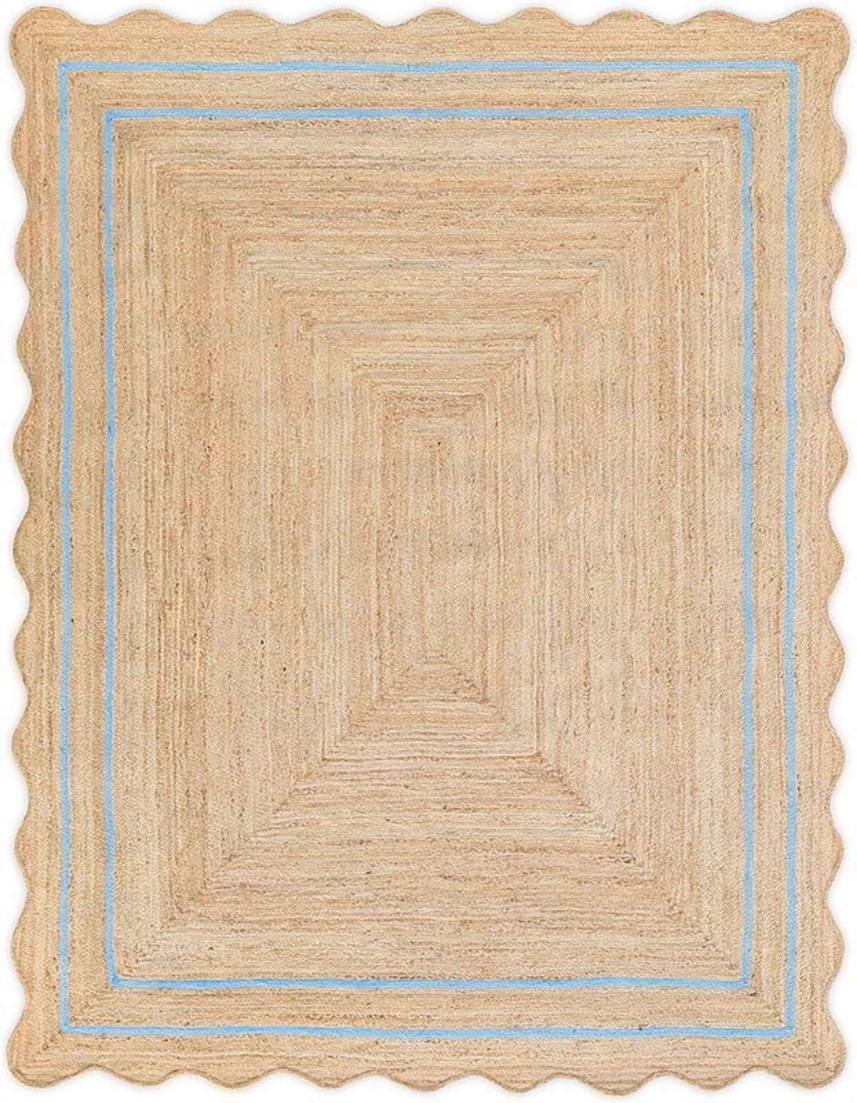 7 Ft Square Sky Blue Border Premium Scalloped Jute Rug – Handcrafted ...