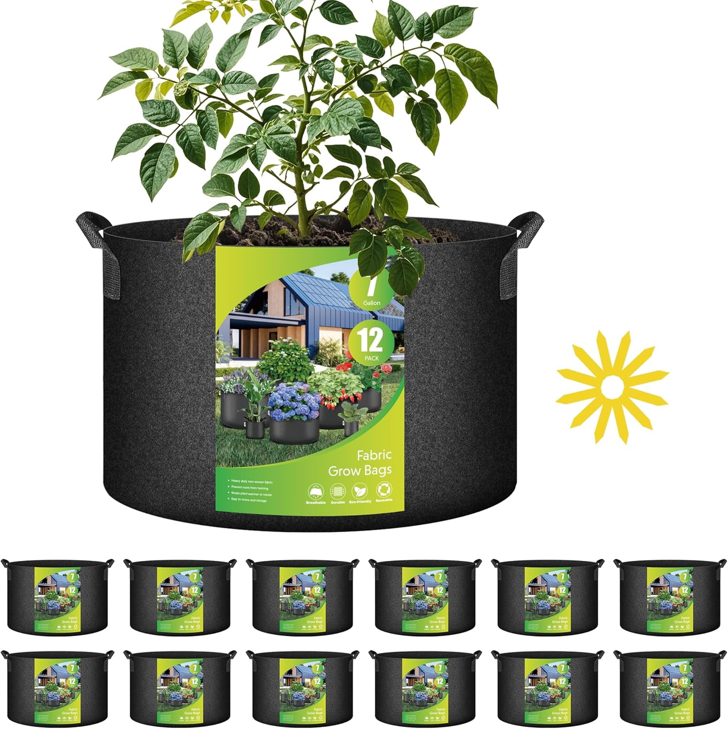 7 Gallon 12 Pack Nonwoven Grow Bags, Aeration Fabric Pots with Handles ...