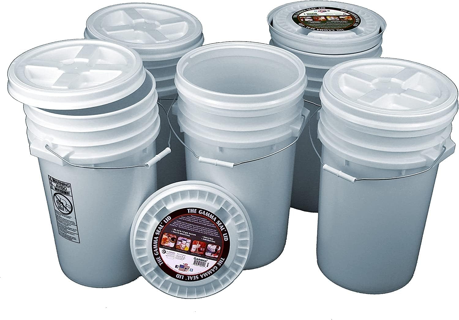 7 Gallon (5 Pack) Bucket Pail Container with Gamma Seal Lid, Food Grade ...