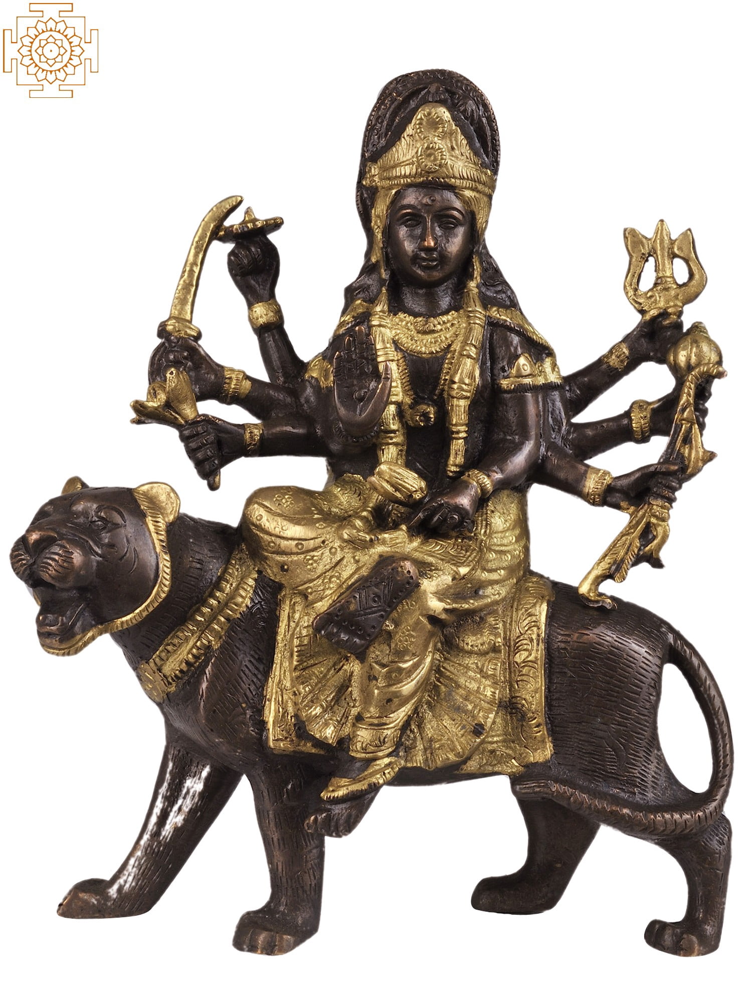 7" Goddess Durga Statue in Brown and Golden Hues in Brass - Brass ...